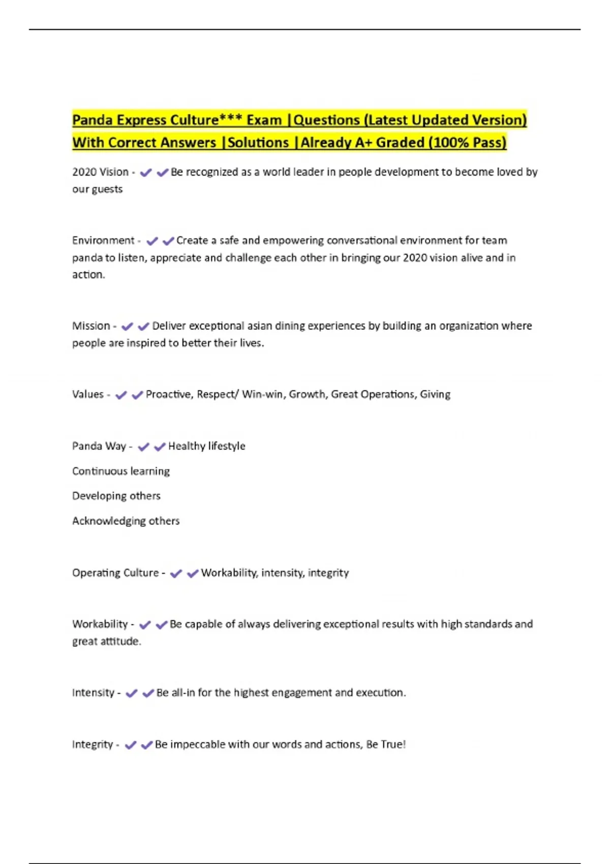 Panda Express Culture*** Exam |Questions (Latest Updated Version) With ...