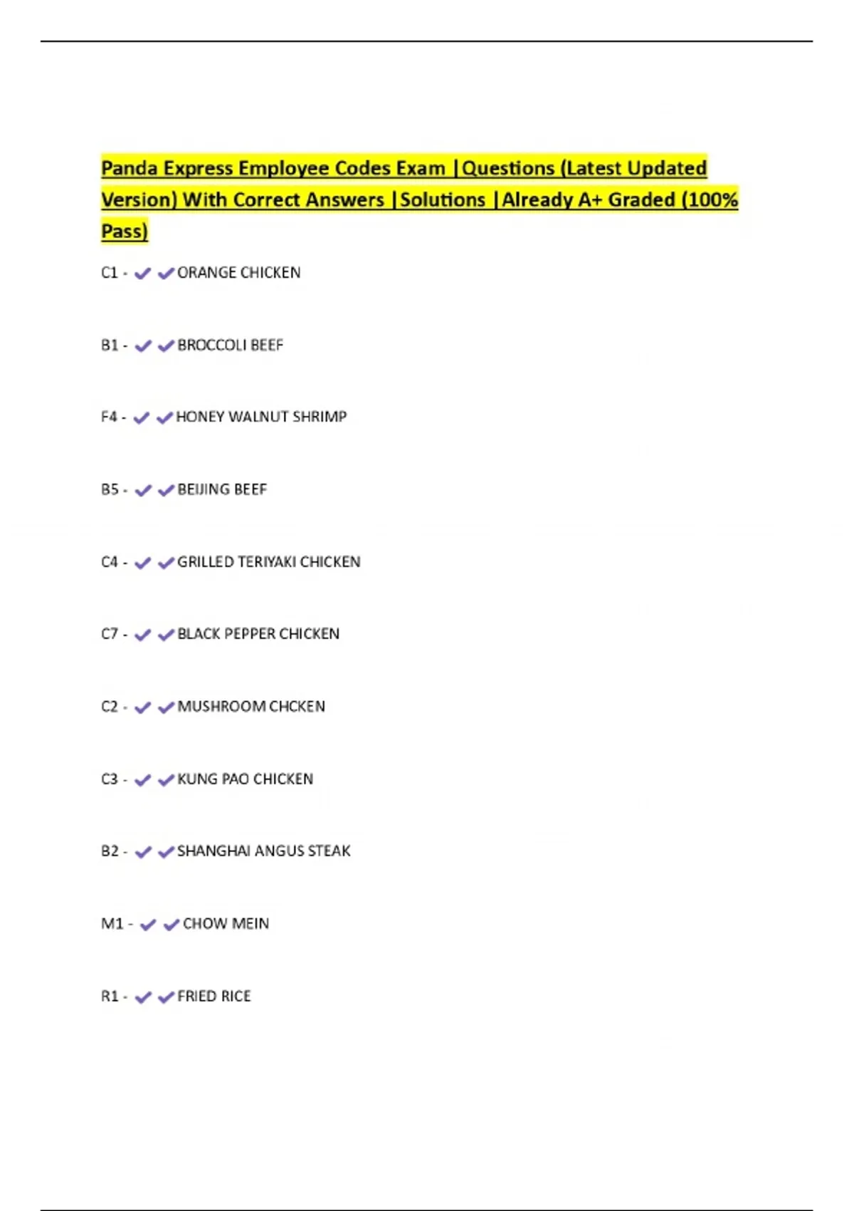 Panda Express Employee Codes Exam |Questions (Latest Updated Version ...