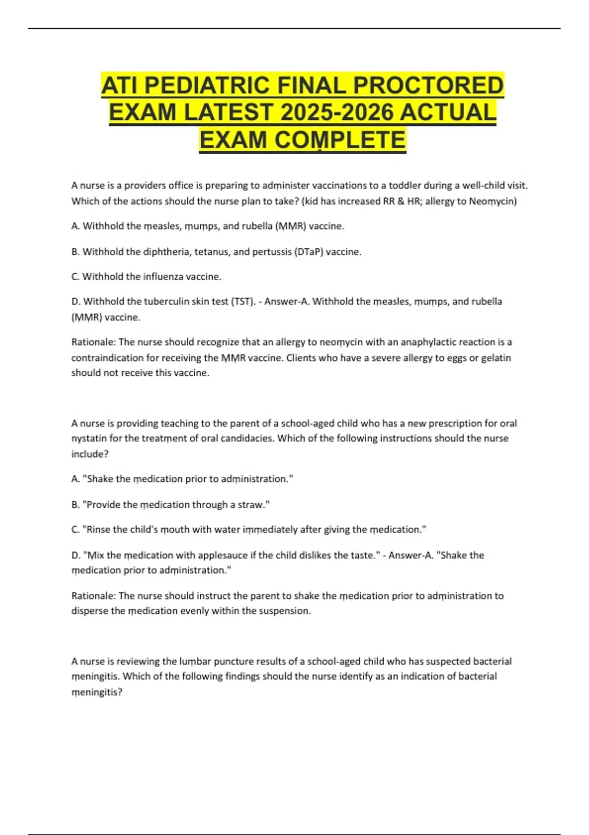 ATI Pediatric Final Proctored Exam 2025–2026 – Latest Actual Exam ...