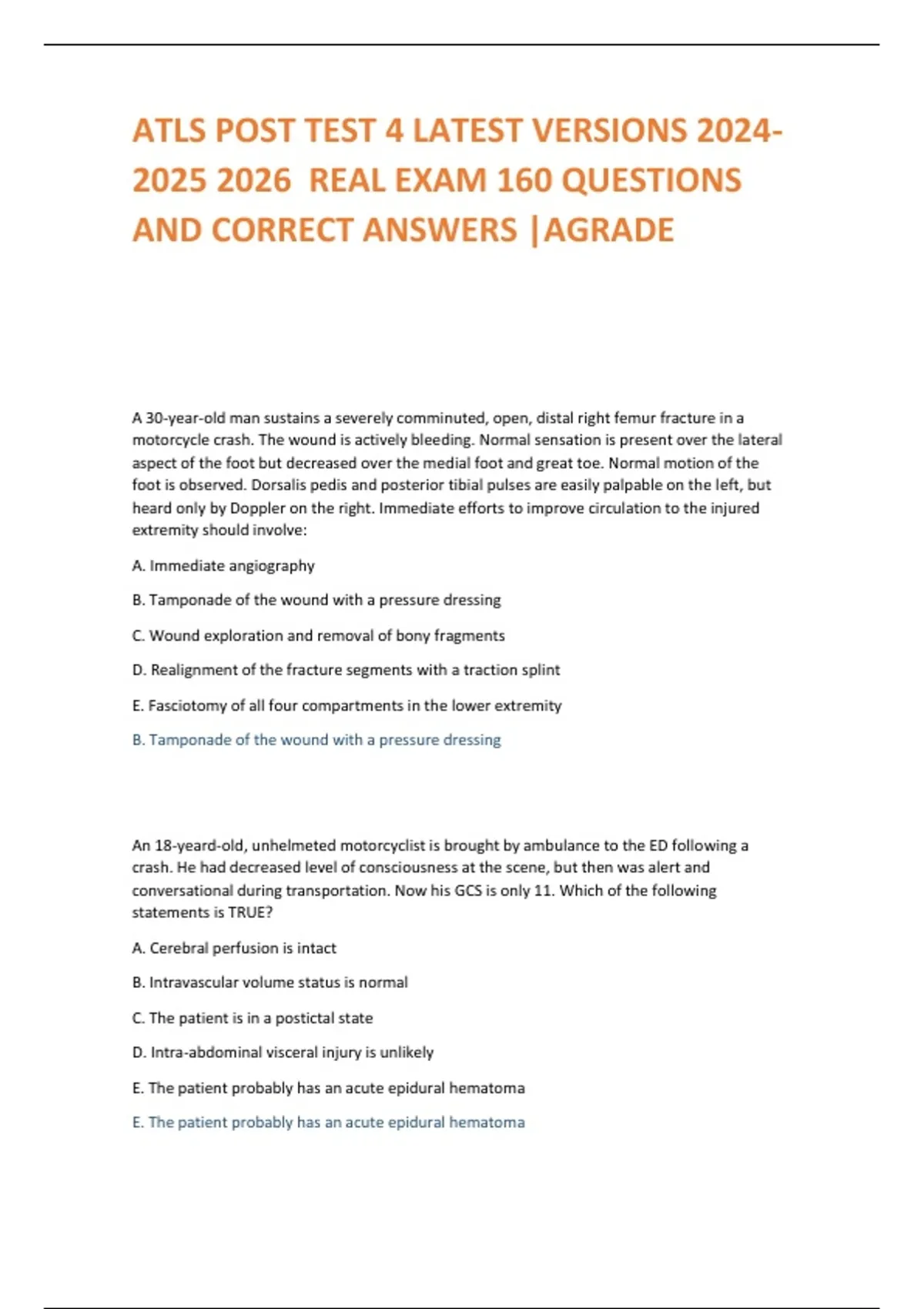 ATLS POST TEST 4 LATEST VERSIONS REAL EXAM 160 QUESTIONS AND CORRECT ...