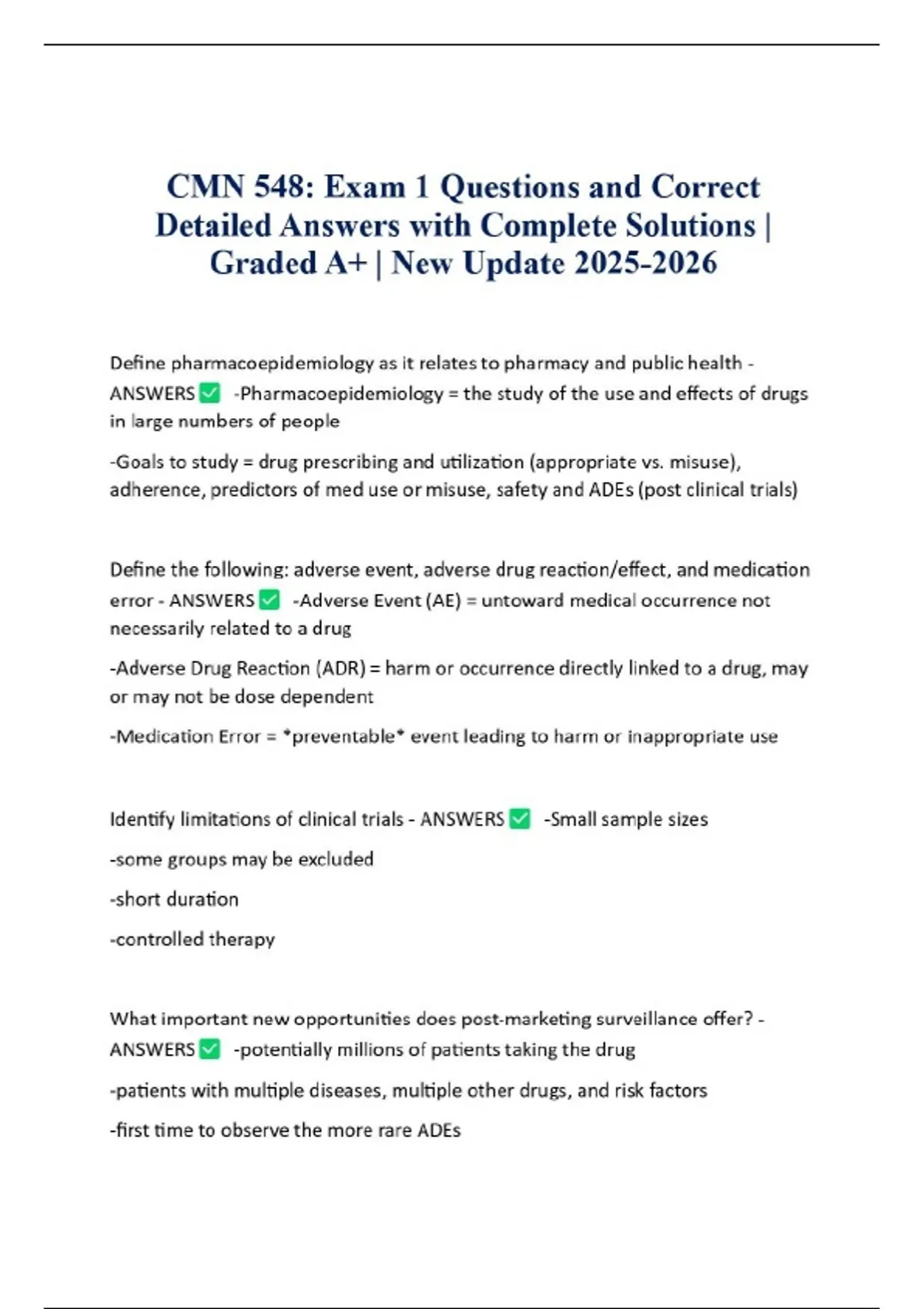 CMN 548: Exam 1 Questions and Correct Detailed Answers with Complete ...