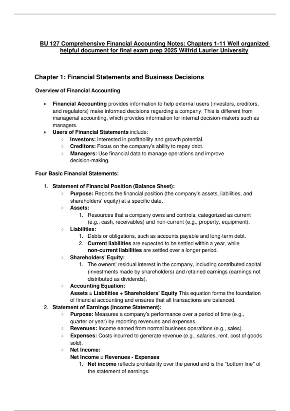 BU 127 Comprehensive Financial Accounting Notes: Chapters 1-11 Well ...
