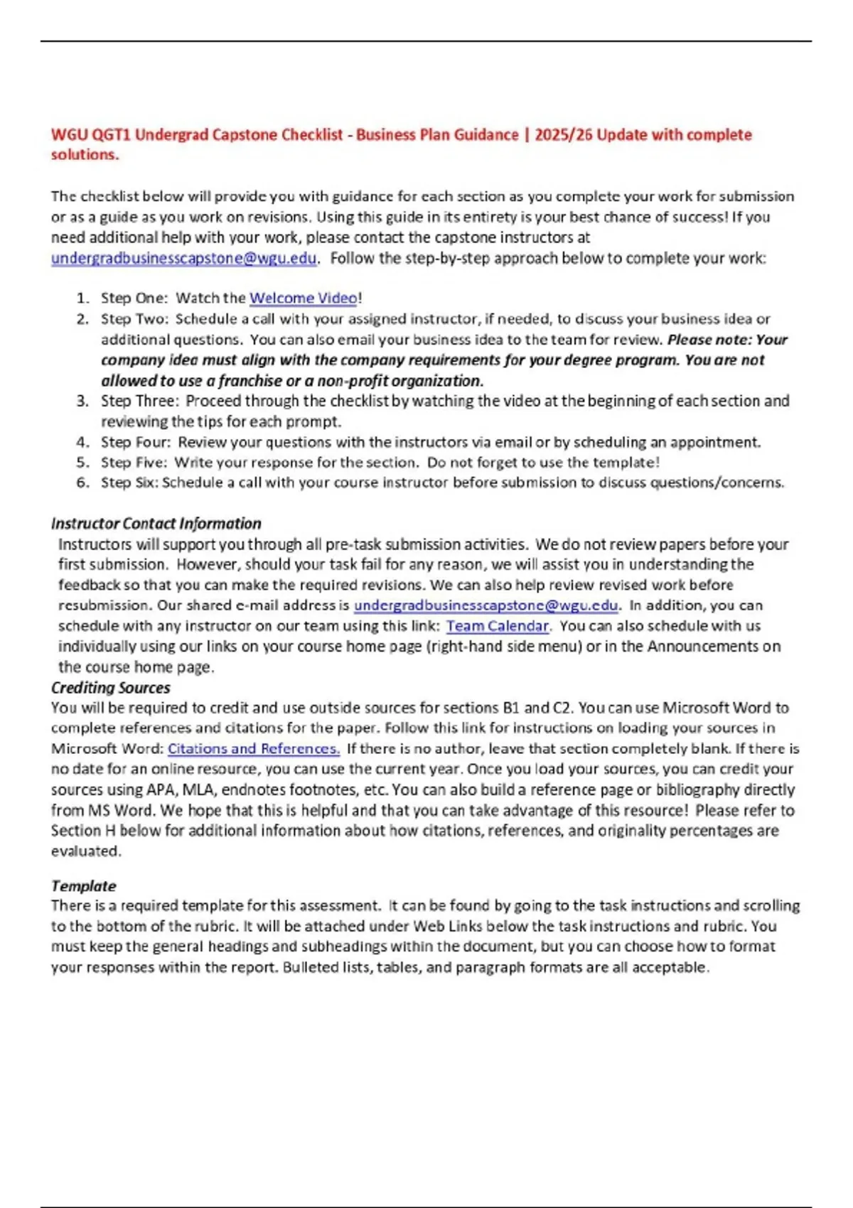 Summary WGU QGT1 Undergraduate Capstone Checklist - Business Plan ...
