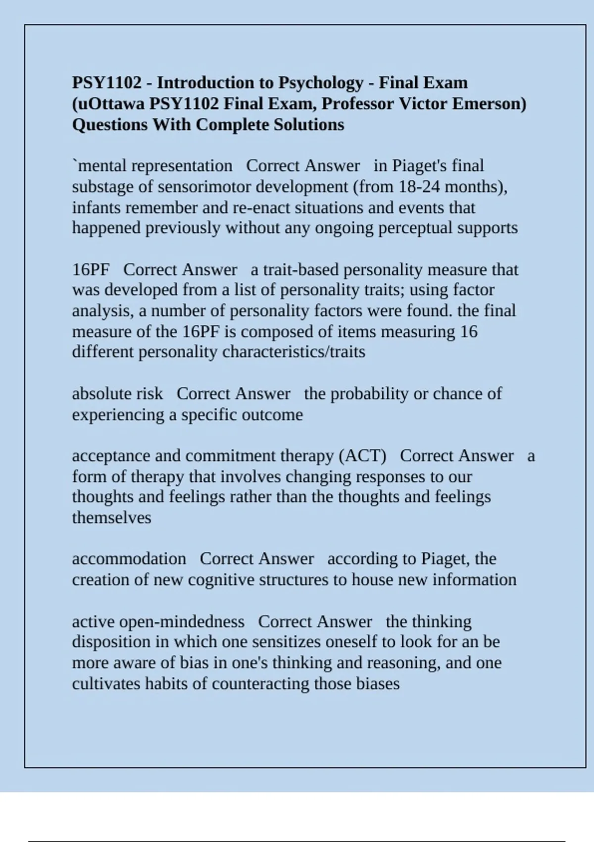 PSY1102 - Introduction to Psychology - Final Exam (uOttawa PSY1102 Final Exam, Professor Victor ...