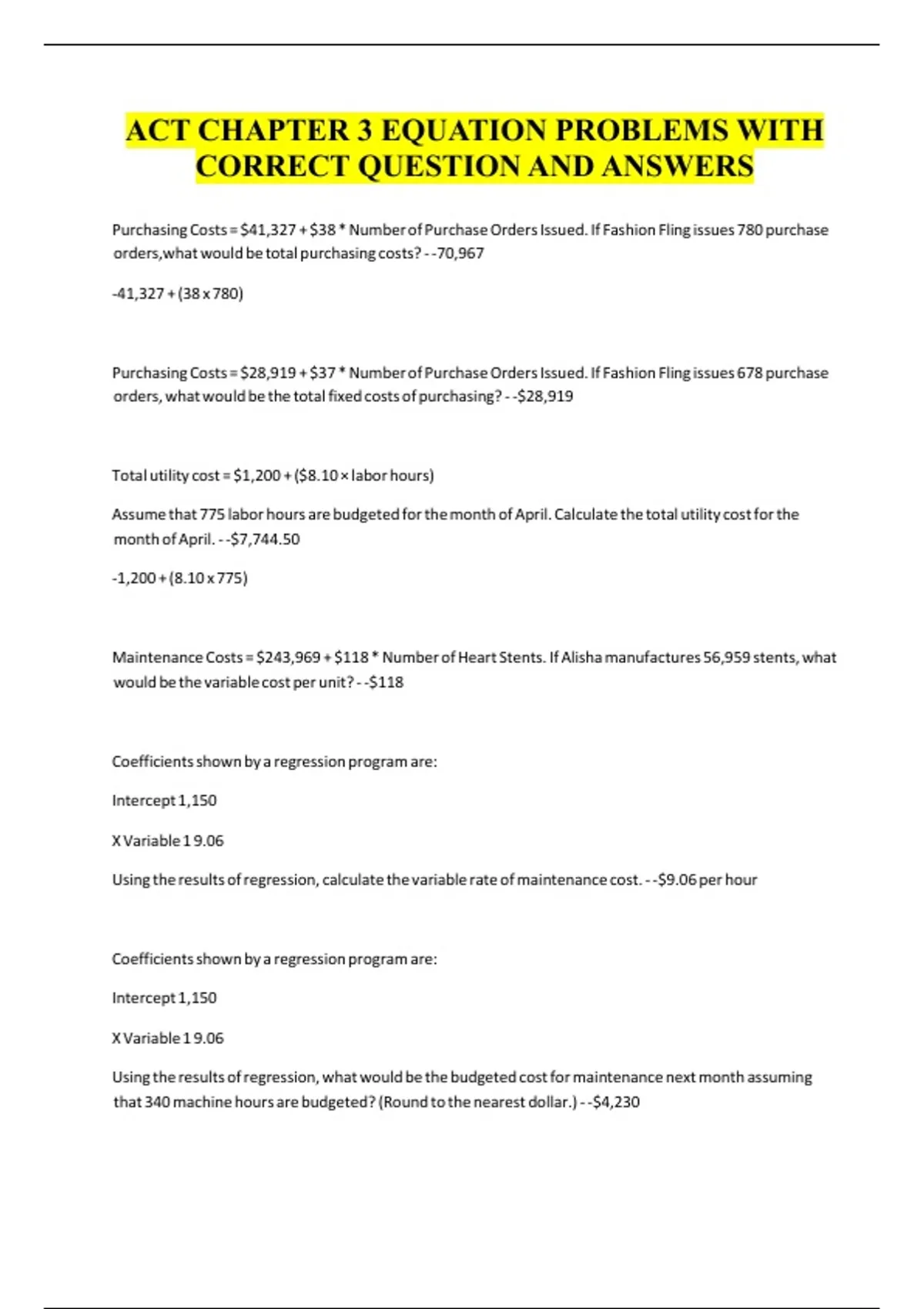 ACT CHAPTER 3 EQUATION PROBLEMS WITH CORRECT QUESTION AND ANSWERS 2025/ ...