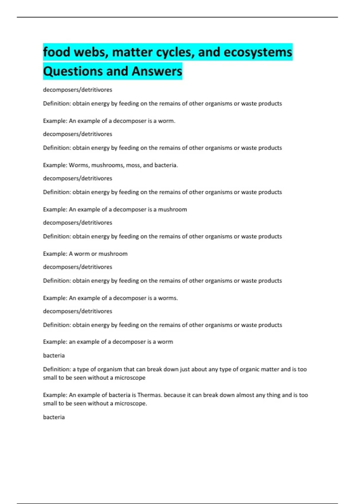 food webs, matter cycles, and ecosystems Questions and Answers - Food ...