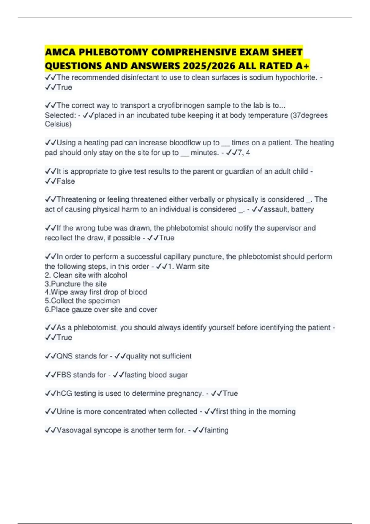 AMCA PHLEBOTOMY COMPREHENSIVE EXAM SHEET QUESTIONS AND ANSWERS 2025/ ...