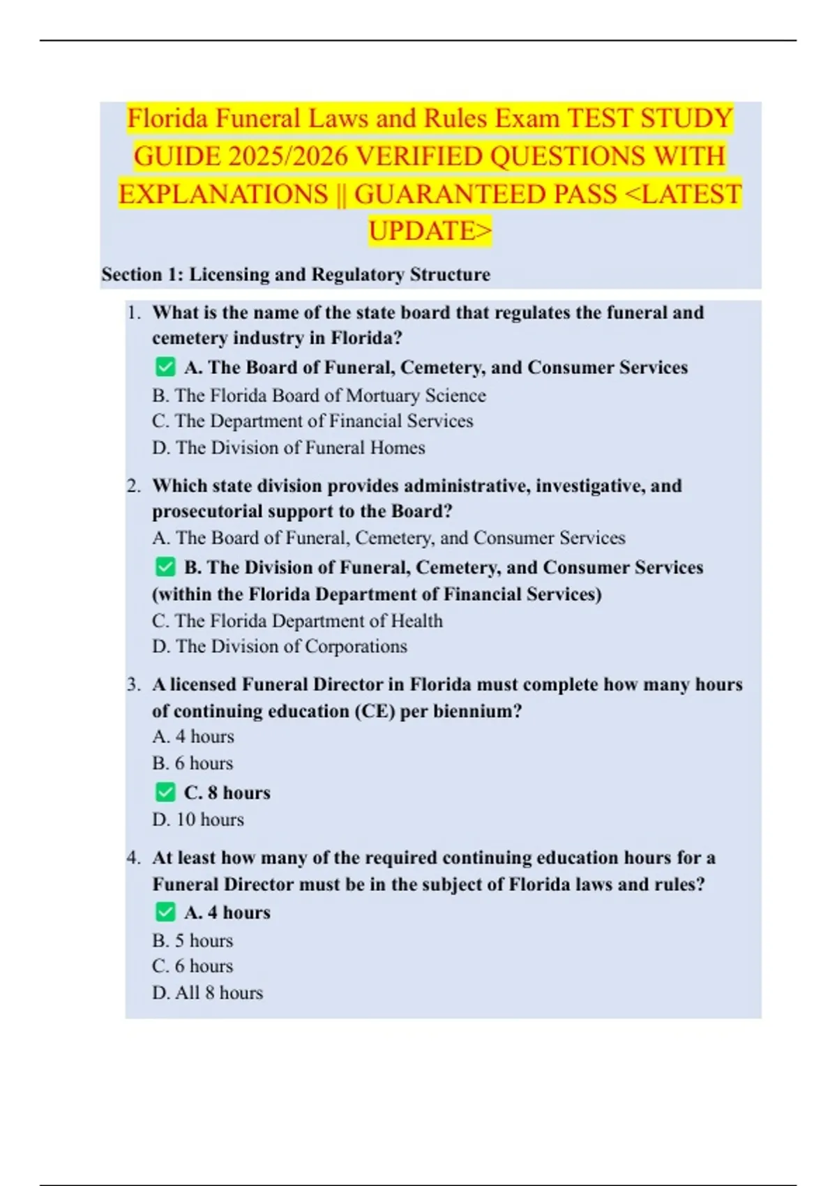 Florida Funeral Laws and Rules Exam TEST STUDY GUIDE 2025/2026 VERIFIED ...