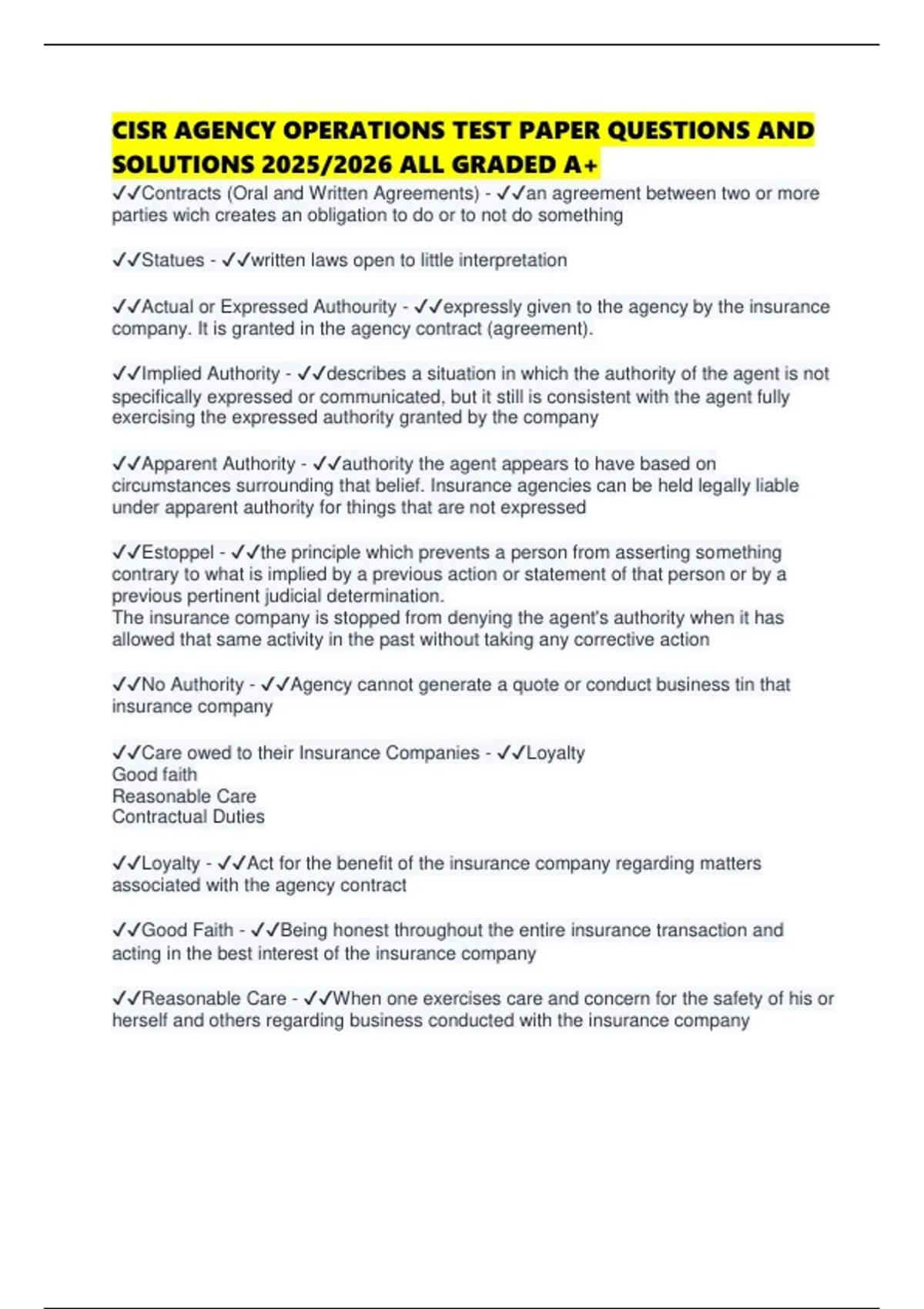 CISR AGENCY OPERATIONS TEST PAPER QUESTIONS AND SOLUTIONS 2025/2026 ALL ...