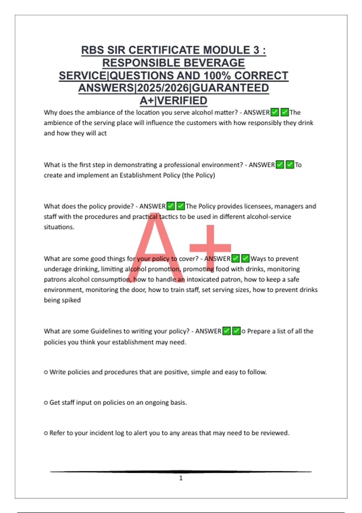 RBS SIR CERTIFICATE MODULE 3 : RESPONSIBLE BEVERAGE SERVICE|QUESTIONS ...
