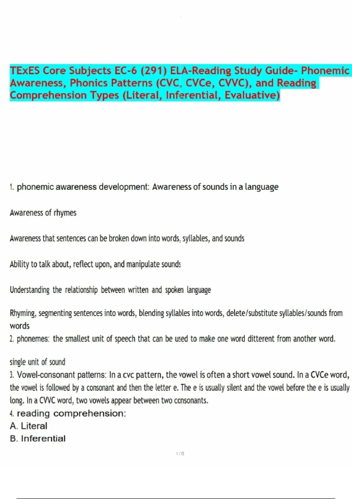 TExES Core Subjects EC-6 (291) ELA-Reading Study Guide- Phonemic ...