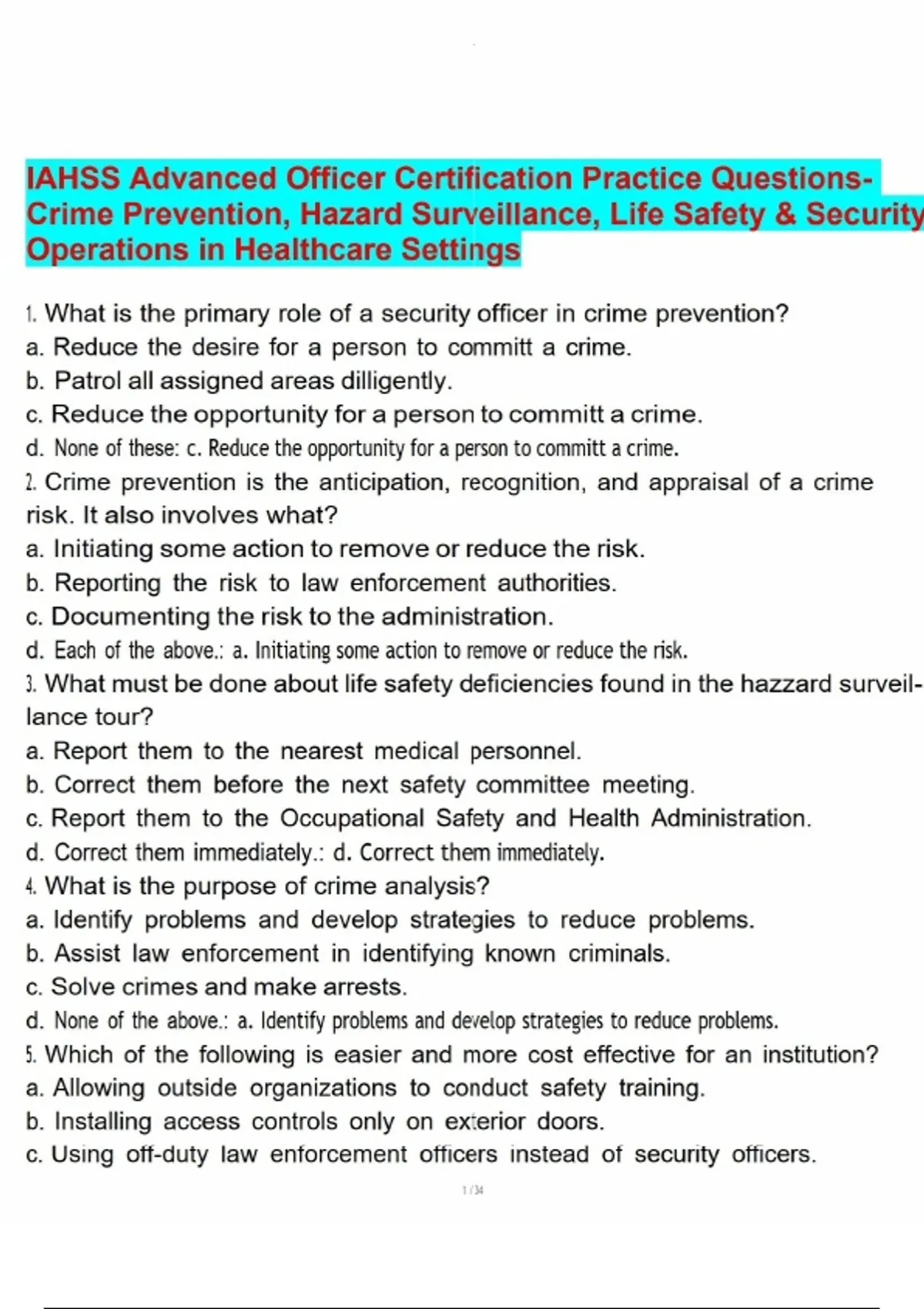 IAHSS Advanced Officer Certification Practice Questions- Crime ...
