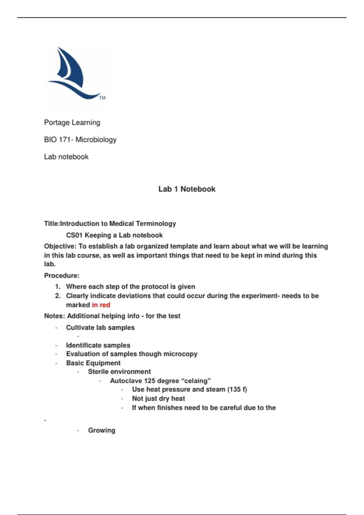 Portage Learning BIO 171 Microbiology Lab Notebook 7 2025 Complete ...