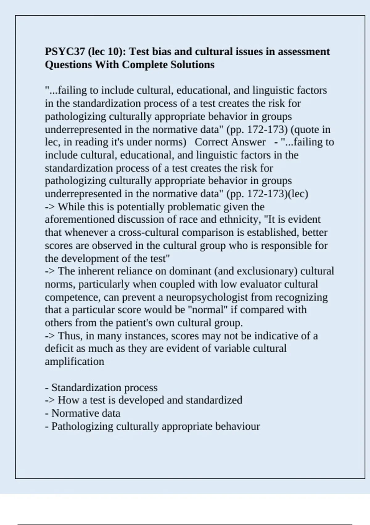 PSYC37 (lec 10): Test bias and cultural issues in assessment Questions ...