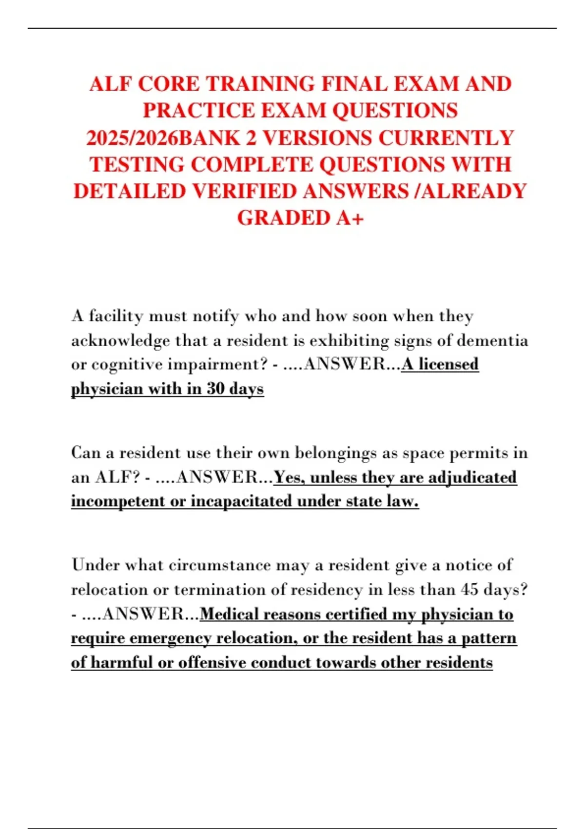 ALF CORE TRAINING FINAL EXAM AND PRACTICE EXAM QUESTIONS 2025/2026BANK ...