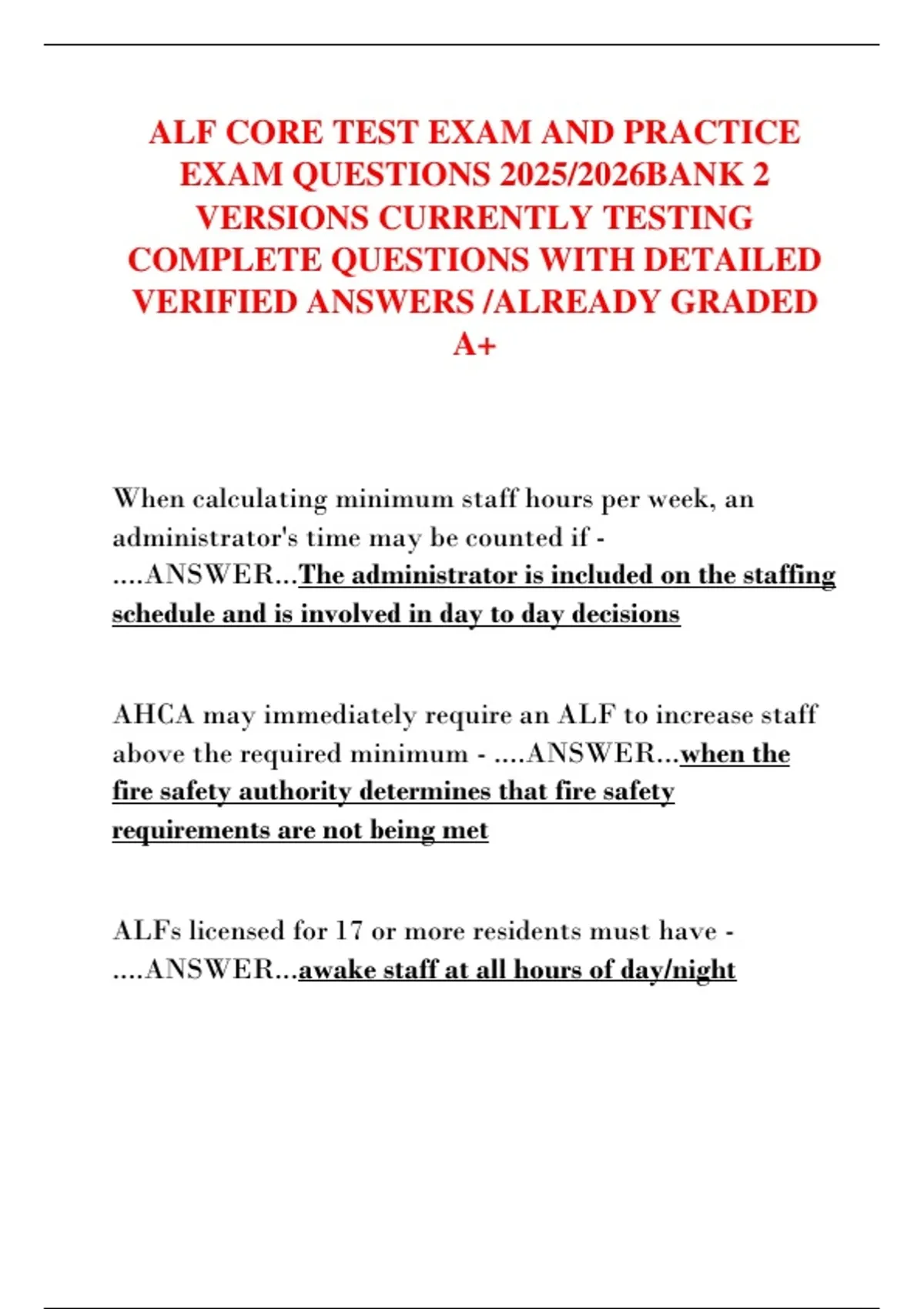 ALF CORE TEST EXAM AND PRACTICE EXAM QUESTIONS 2025/2026BANK 2 VERSIONS ...