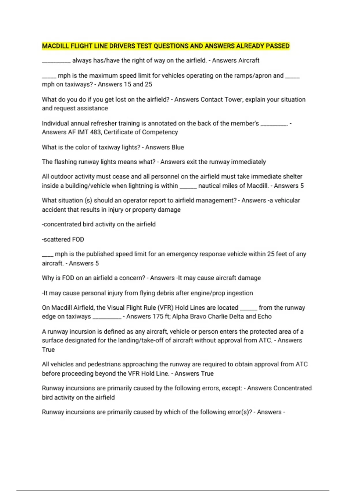 MACDILL FLIGHT LINE DRIVERS TEST QUESTIONS AND ANSWERS ALREADY PASSED ...