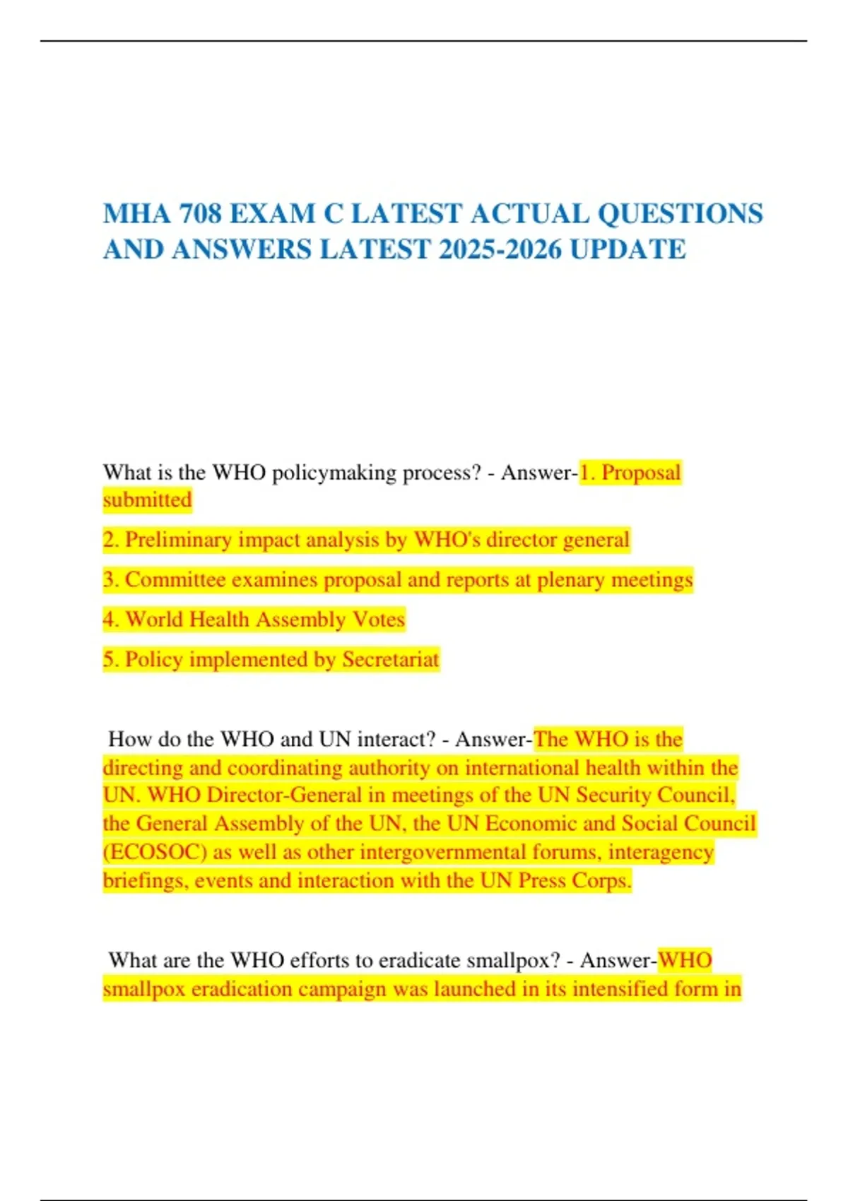 MHA 708 EXAM C LATEST ACTUAL QUESTIONS AND ANSWERS LATEST UPDATE - MHA ...