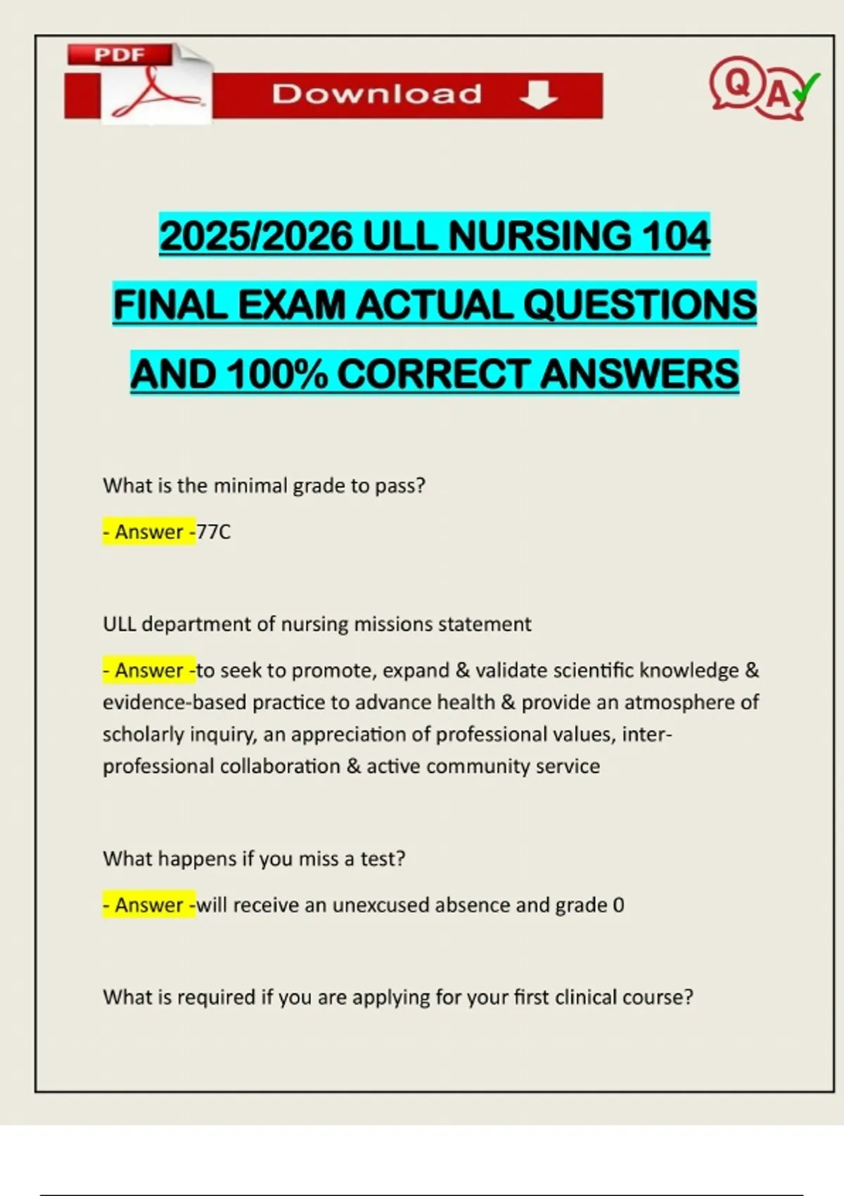 2025/2026 ULL NURSING 104 FINAL EXAM ACTUAL QUESTIONS AND 100% CORRECT ...