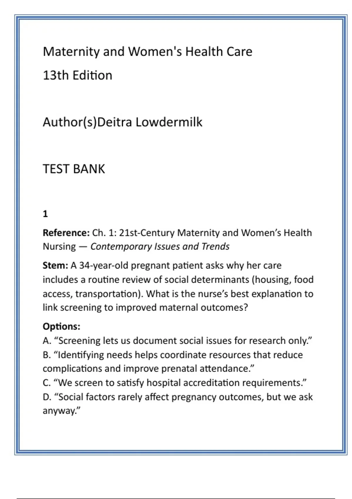 Ultimate Maternity Nursing Test Bank — Lowdermilk 13th Edition ...