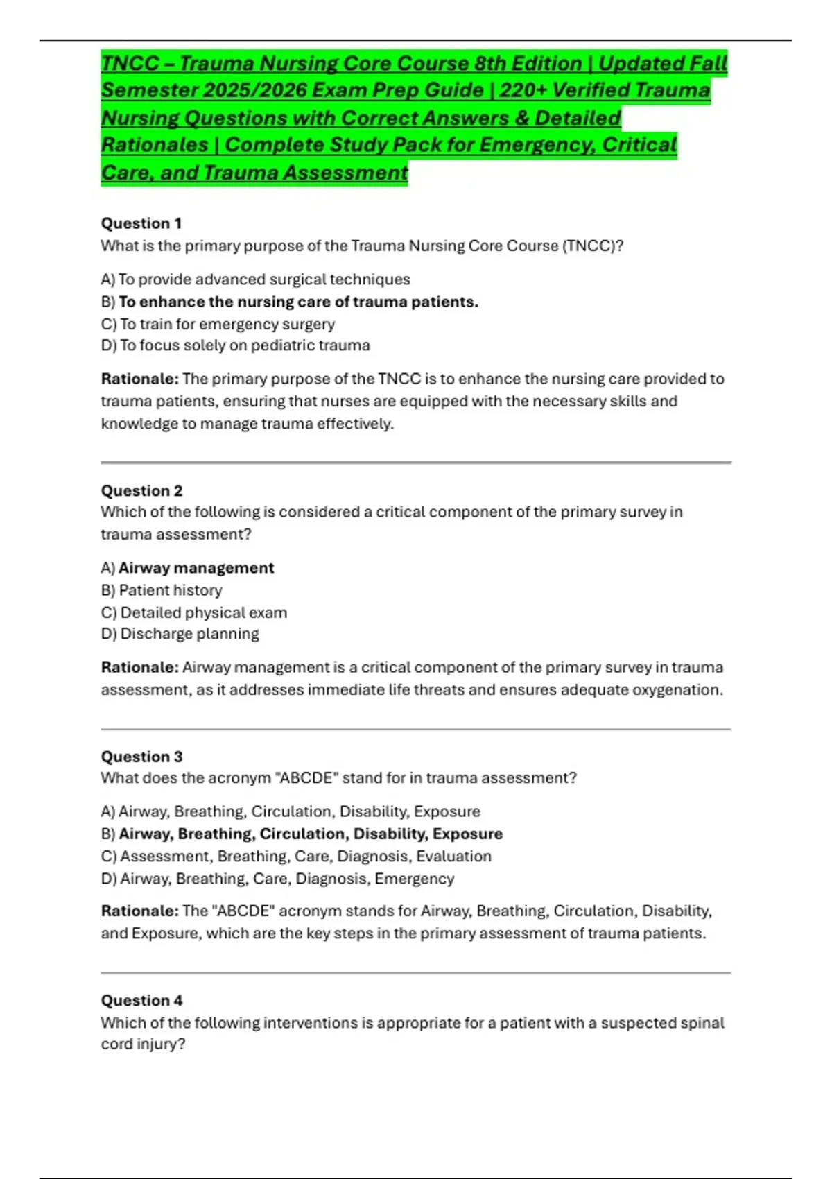 TNCC – Trauma Nursing Core Course 8th Edition | Updated Fall Semester 2025/2026 Exam Prep Guide ...