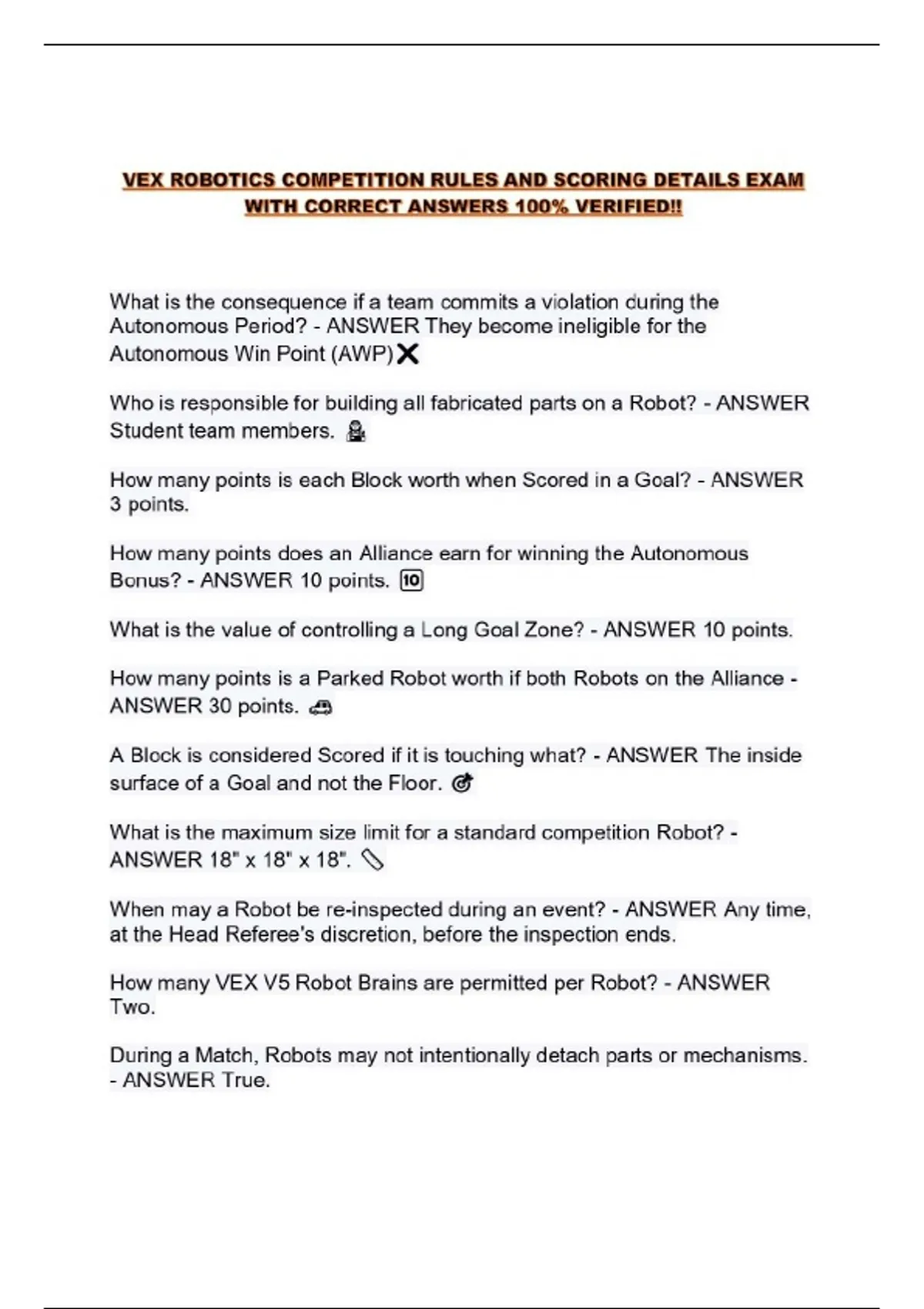 VEX ROBOTICS COMPETITION RULES AND SCORING DETAILS EXAM WITH CORRECT ...