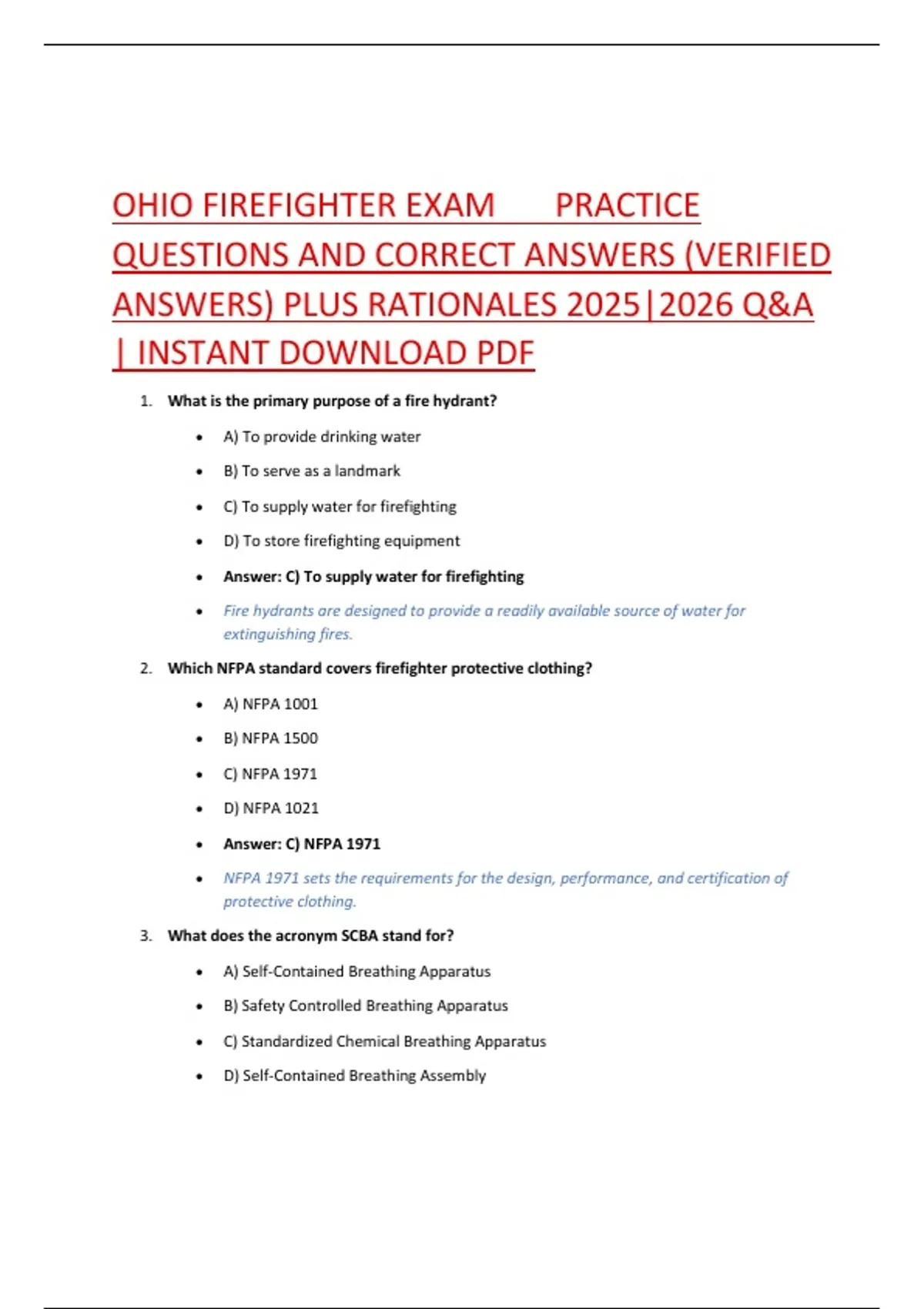 OHIO FIREFIGHTER EXAM PRACTICE QUESTIONS AND CORRECT ANSWERS (VERIFIED ...