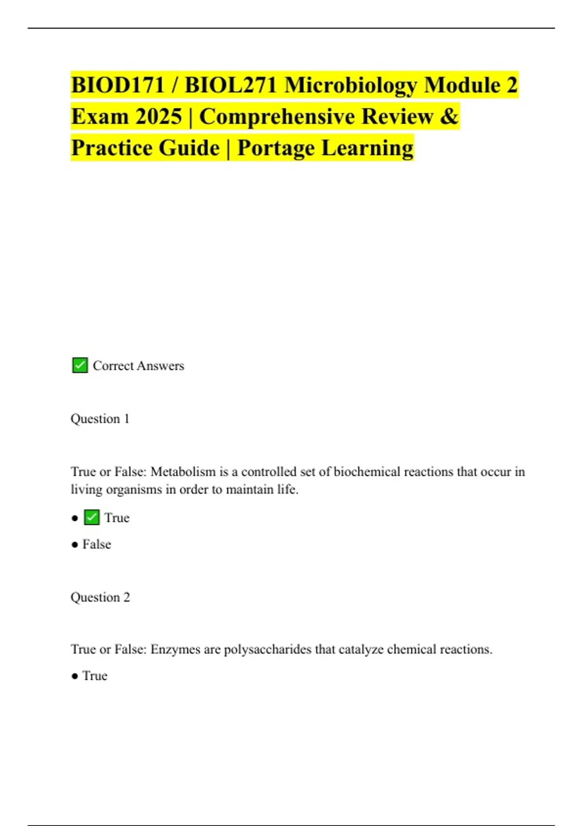 BIOD171 / BIOL271 Microbiology Module 2 Exam 2025 | Comprehensive ...