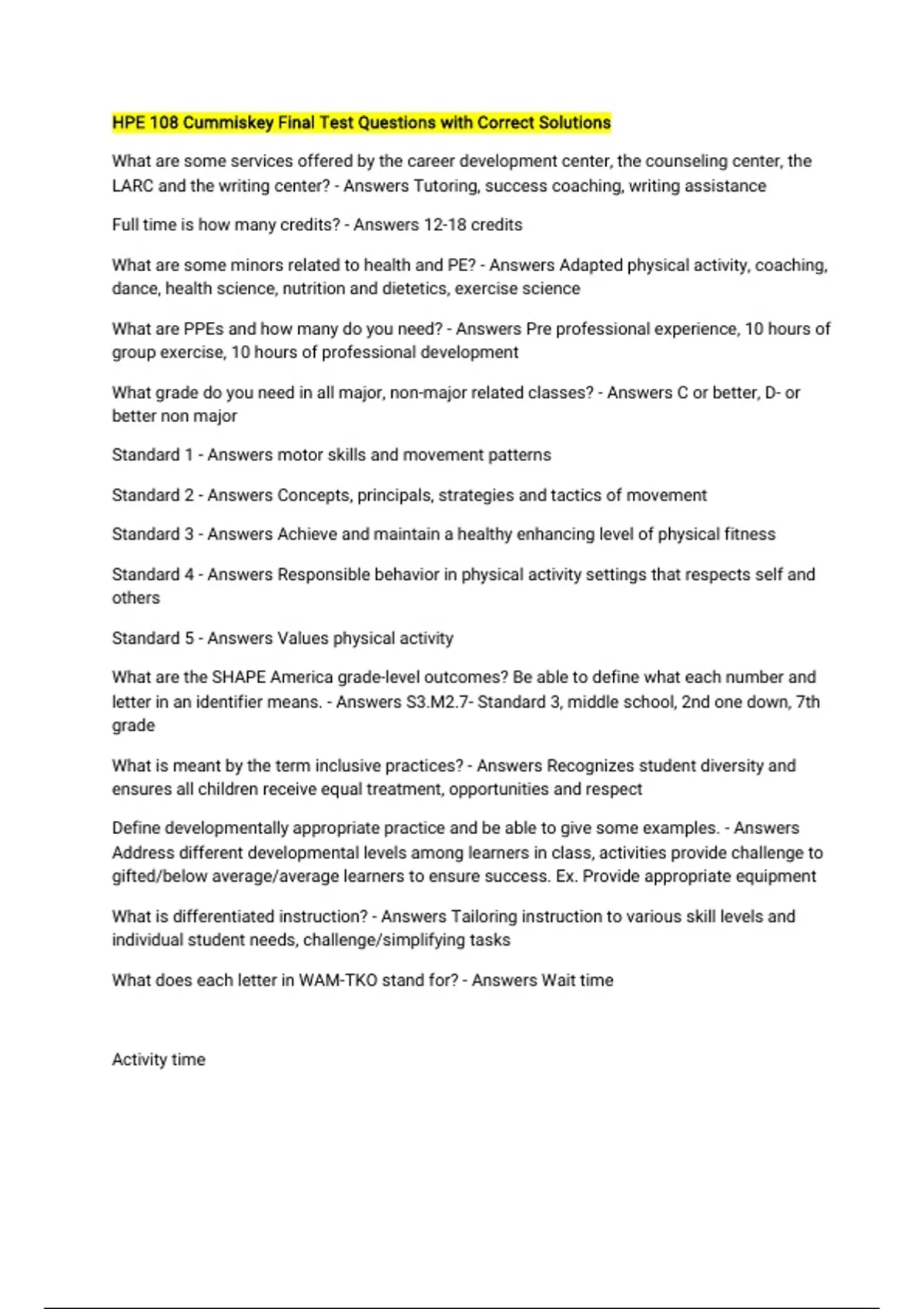 HPE 108 Cummiskey Final Test Questions with Correct Solutions - HPE 108 ...