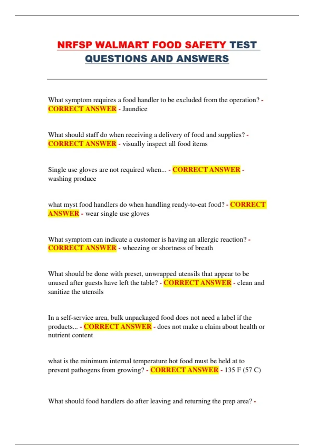 NRFSP Walmart Food Safety Test – Complete Questions and Answers - NRFSP ...