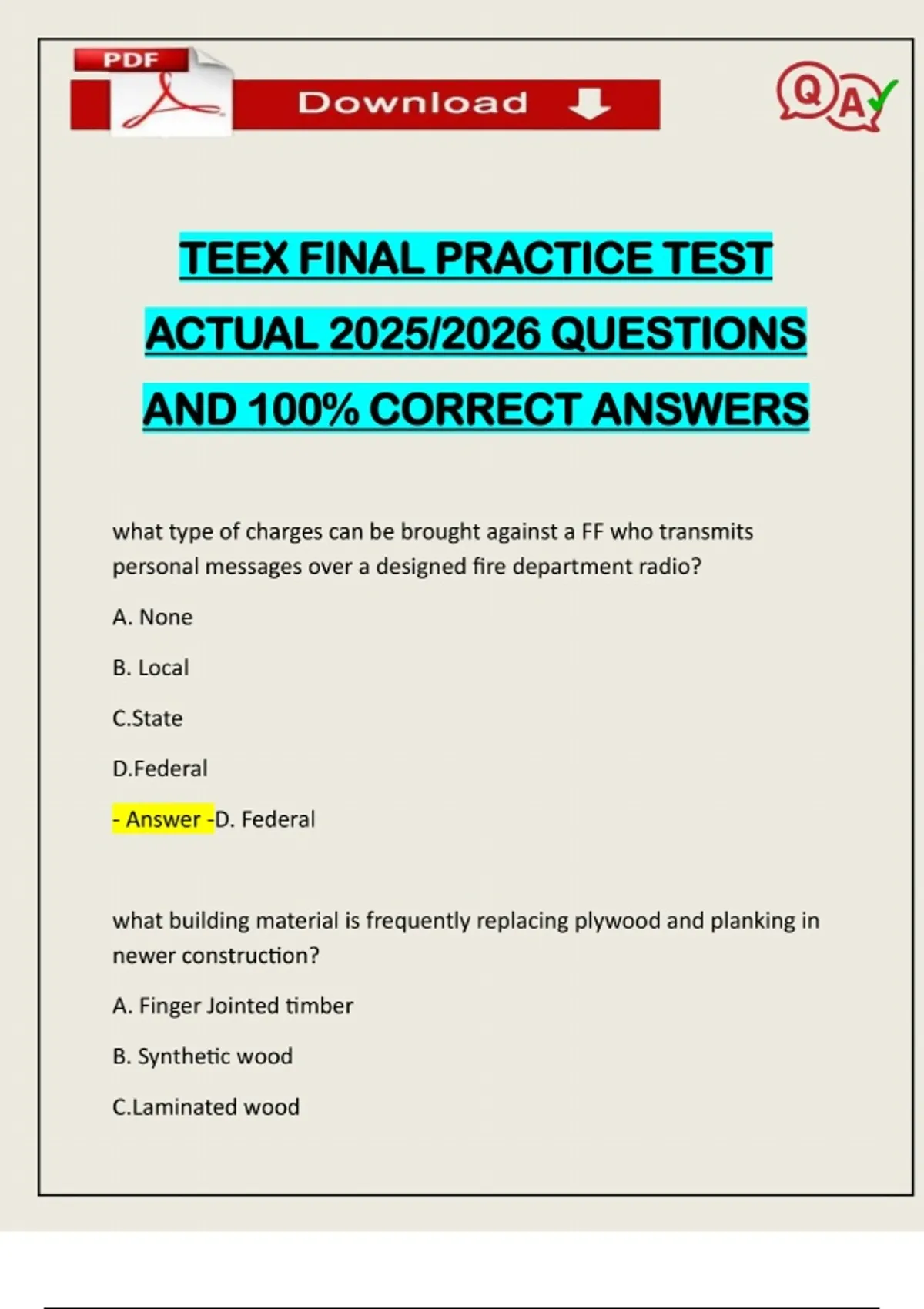 TEEX FINAL PRACTICE TEST ACTUAL 2025/2026 QUESTIONS AND 100% CORRECT ...