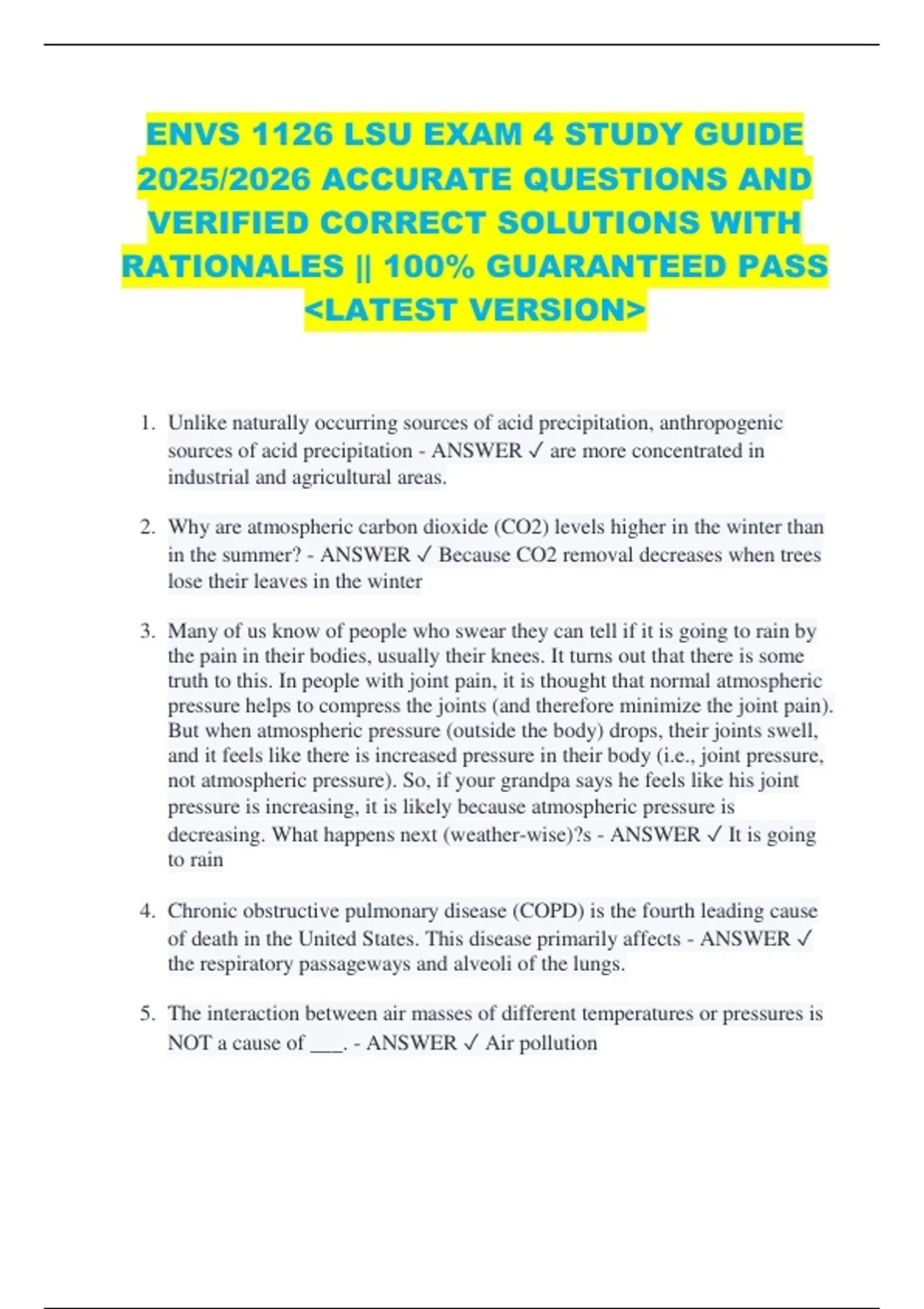 ENVS 1126 LSU EXAM 4 STUDY GUIDE 2025/2026 ACCURATE QUESTIONS AND ...