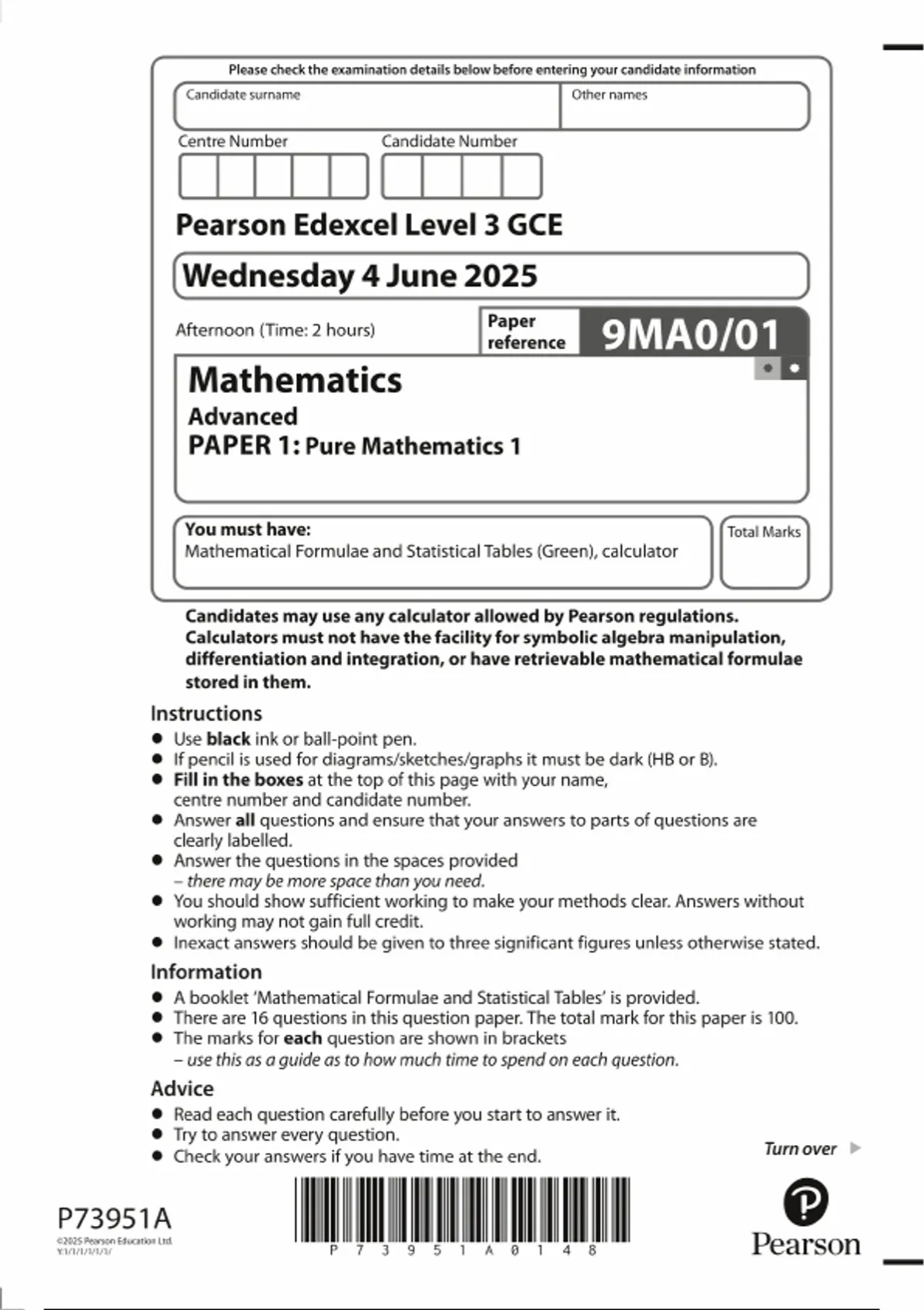 PEARSON EDEXCEL A LEVEL MATHEMATICS PAPER 1 QUESTION PAPER 2025 ( 9MA0 ...
