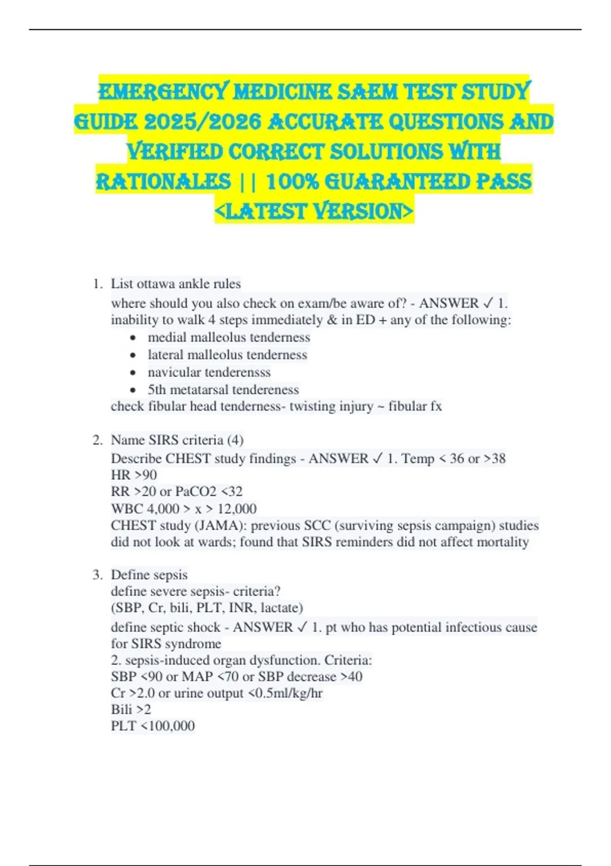 Emergency Medicine SAEM TEST STUDY GUIDE 2025/2026 ACCURATE QUESTIONS ...