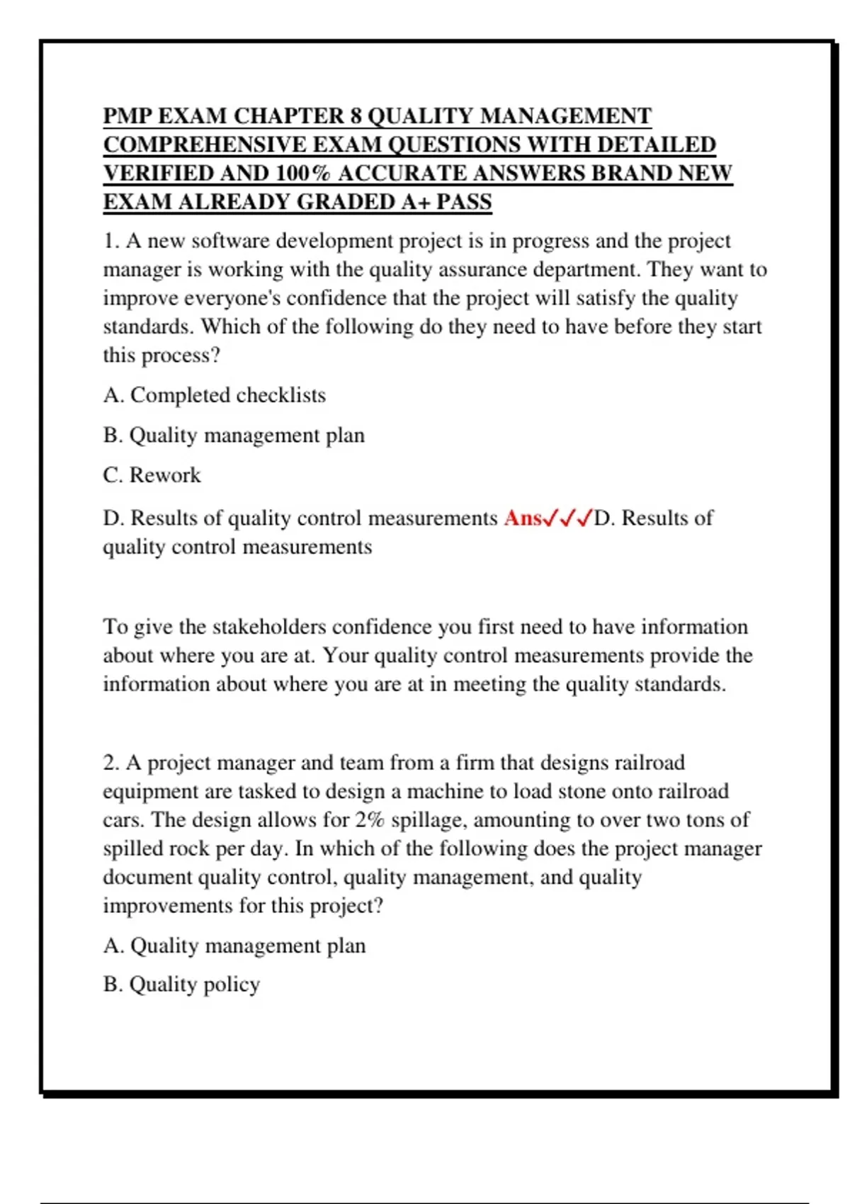 PMP EXAM CHAPTER 8 QUALITY MANAGEMENT COMPREHENSIVE EXAM QUESTIONS WITH DETAILED VERIFIED AND ...