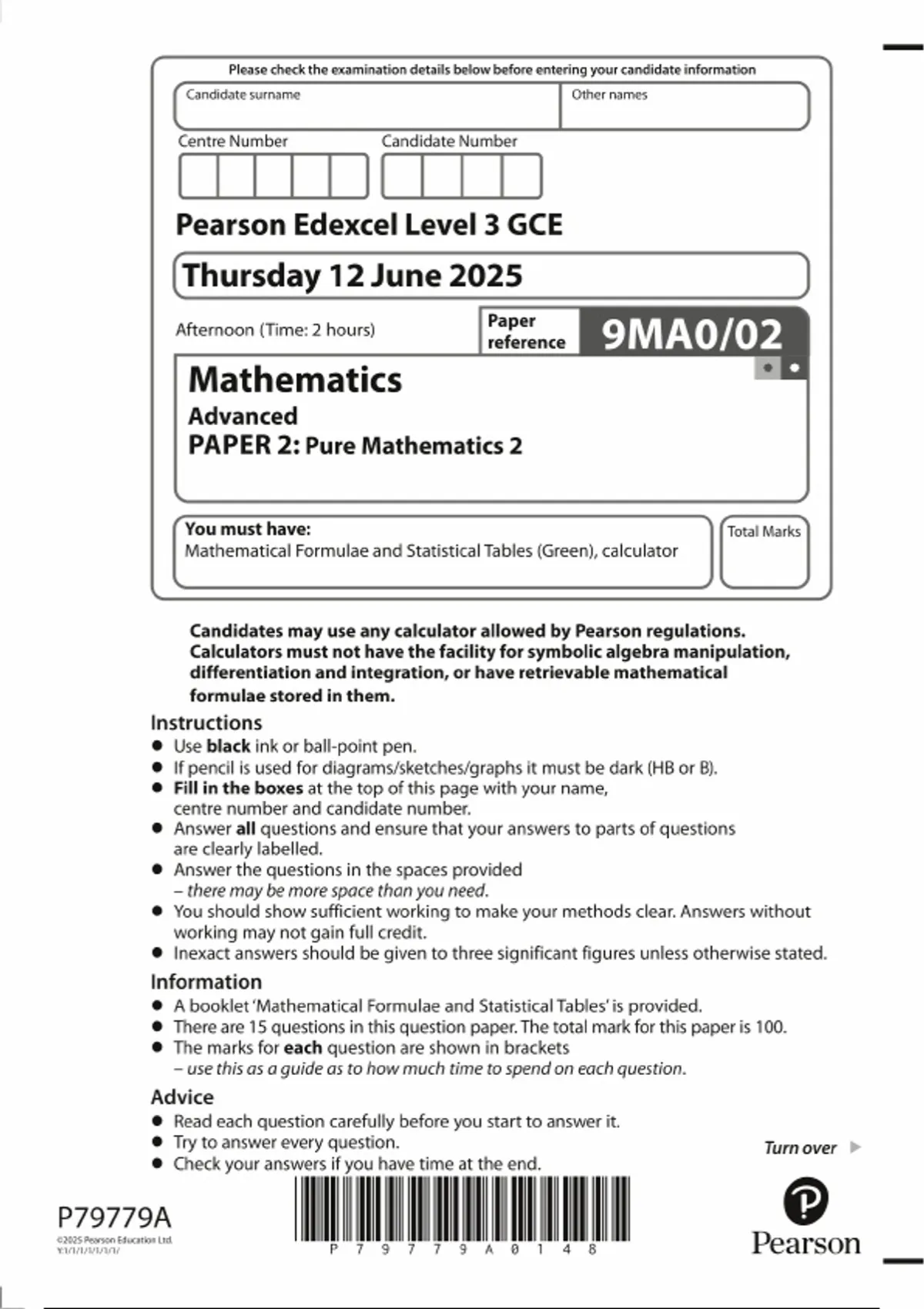 PEARSON EDEXCEL A LEVEL MATHEMATICS PAPER 2 QUESTION PAPER 2025 (9MA0 ...