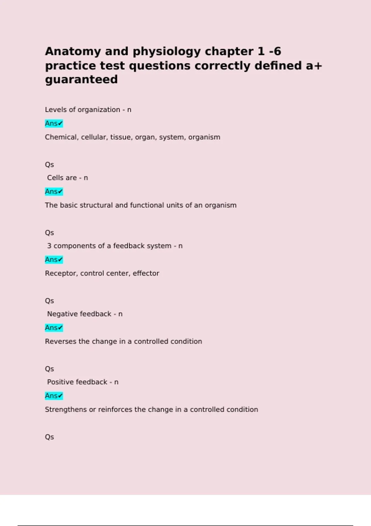 Anatomy and physiology chapter 1 -6 practice test questions correctly ...