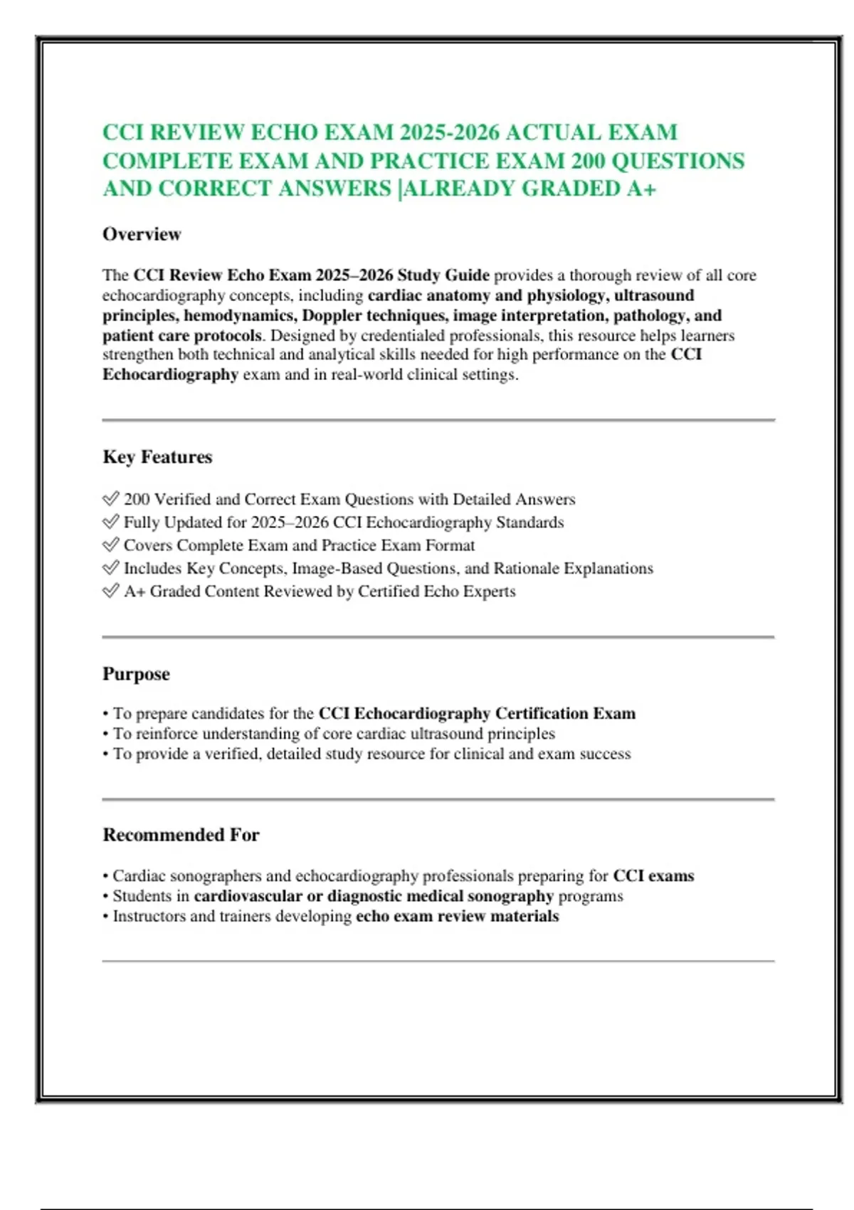 CCI REVIEW ECHO EXAM ACTUAL EXAM COMPLETE EXAM AND PRACTICE EXAM 200 ...