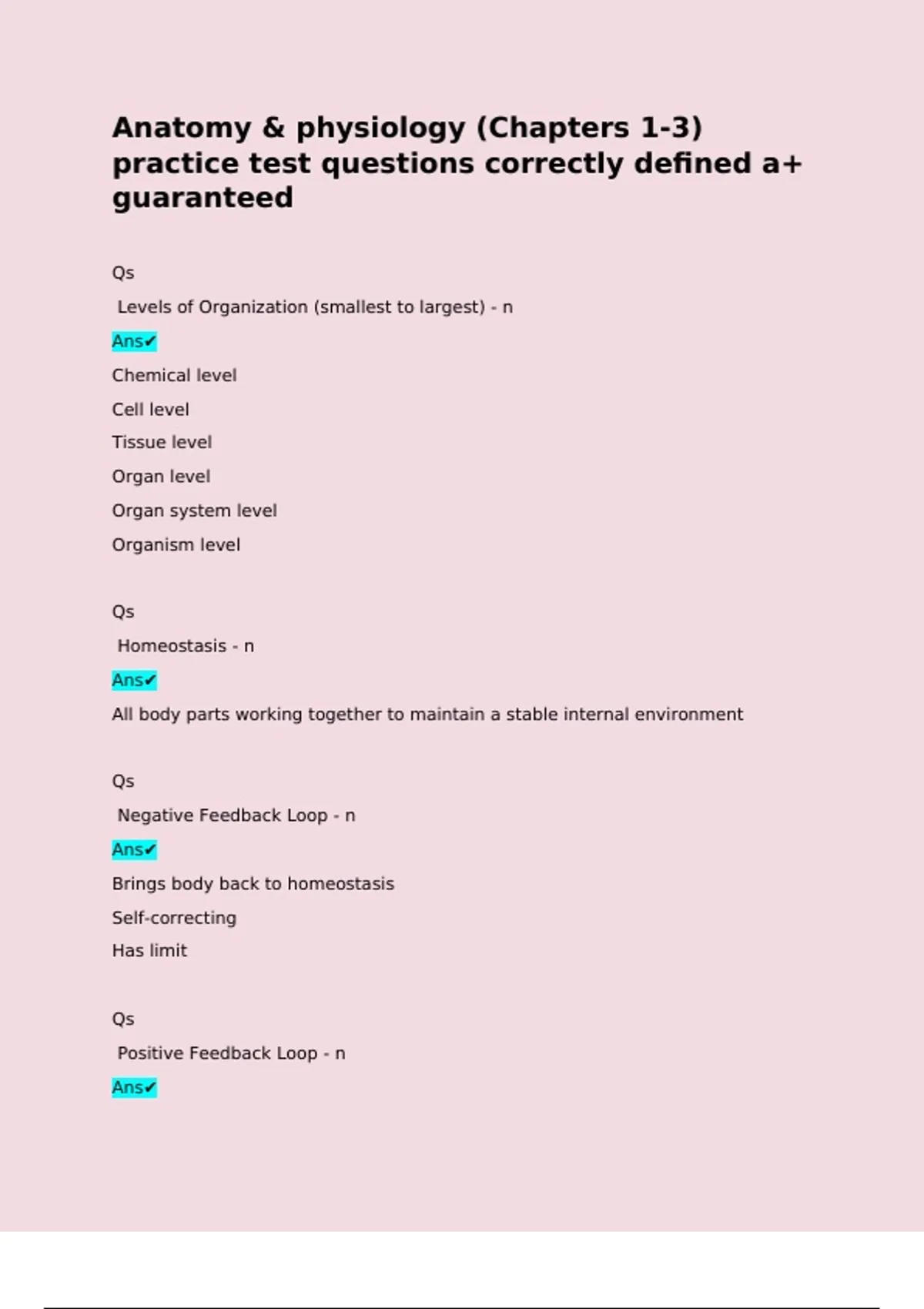 Anatomy & physiology (Chapters 1-3) practice test questions correctly ...