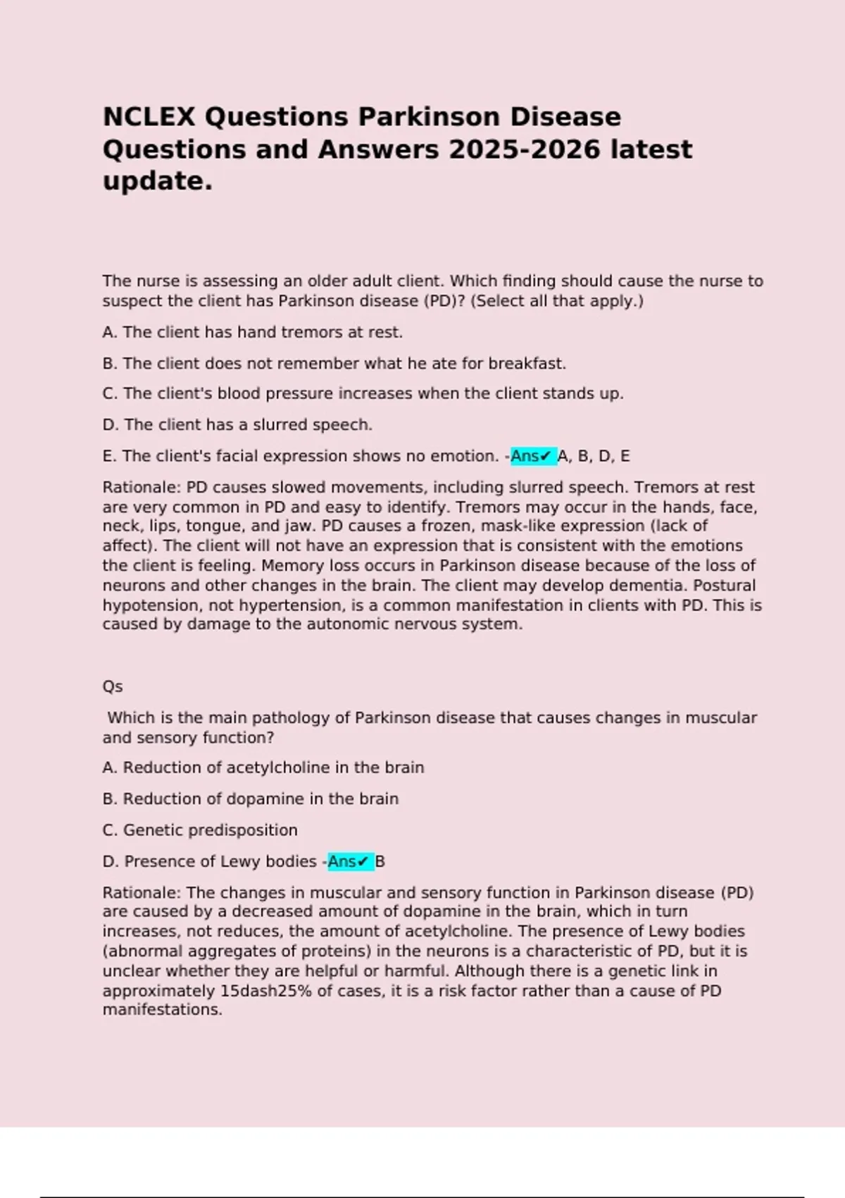NCLEX Questions Parkinson Disease Questions and Answers latest update ...