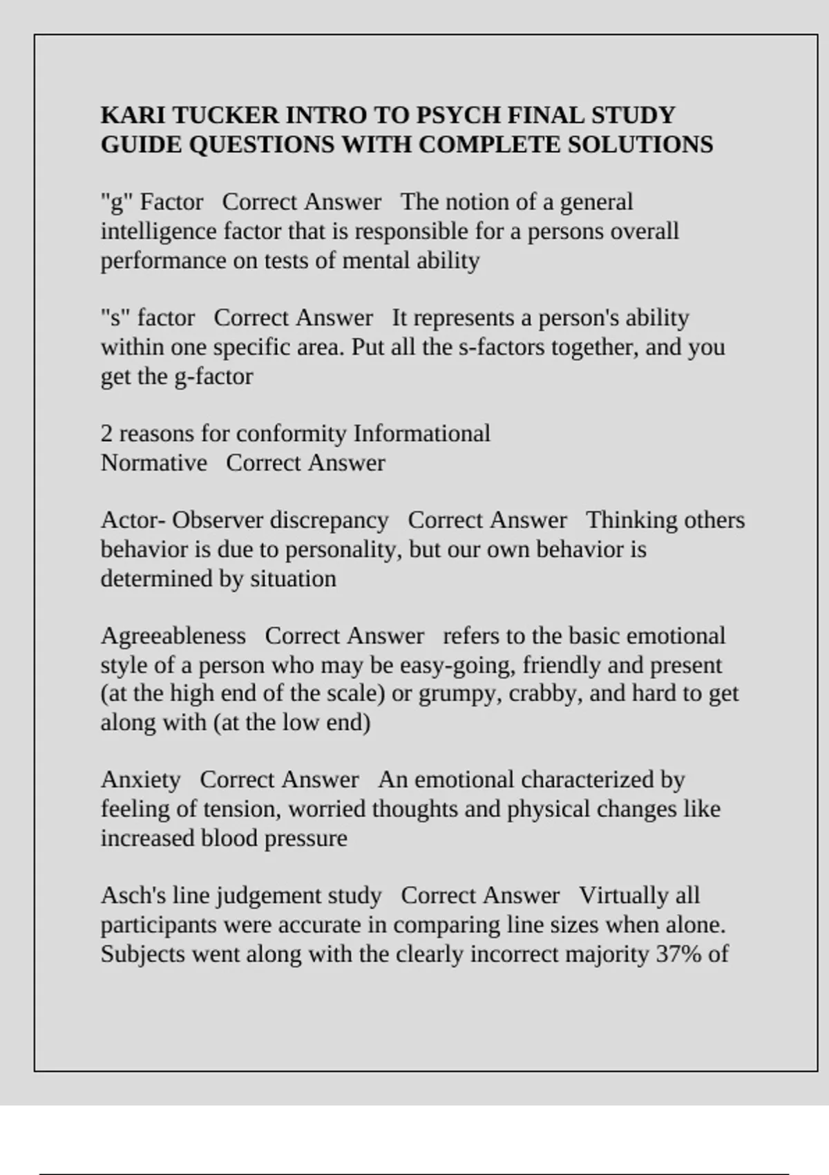 KARI TUCKER INTRO TO PSYCH FINAL STUDY GUIDE QUESTIONS WITH COMPLETE ...