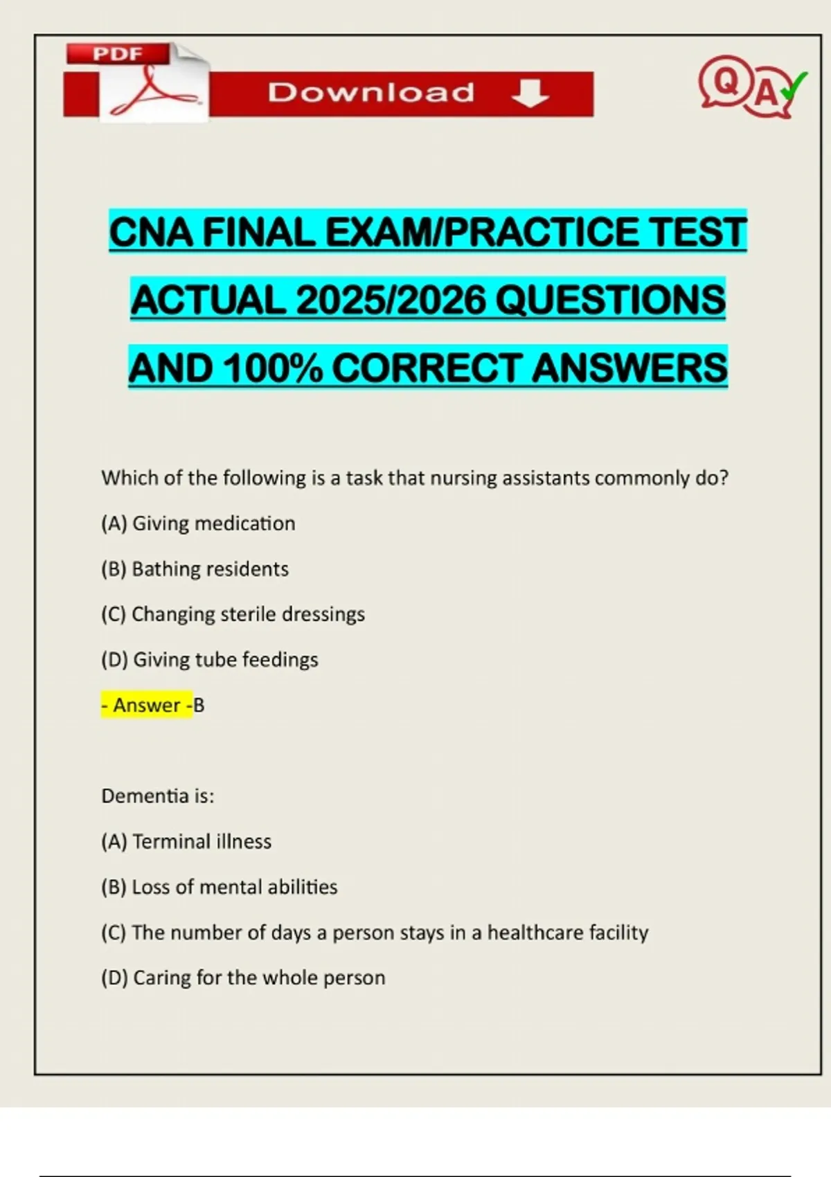 CNA FINAL EXAM/PRACTICE TEST ACTUAL 2025/2026 QUESTIONS AND 100% ...
