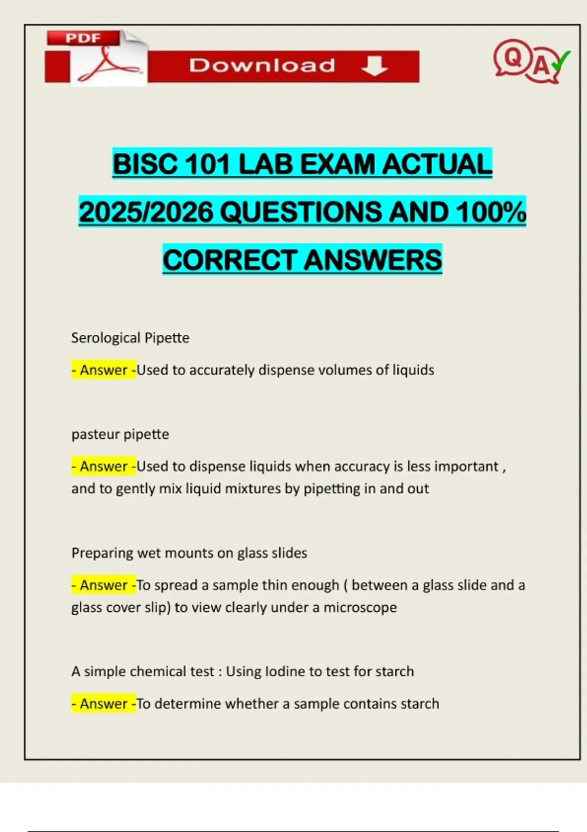 BISC 101 LAB EXAM ACTUAL 2025/2026 QUESTIONS AND 100% CORRECT ANSWERS ...