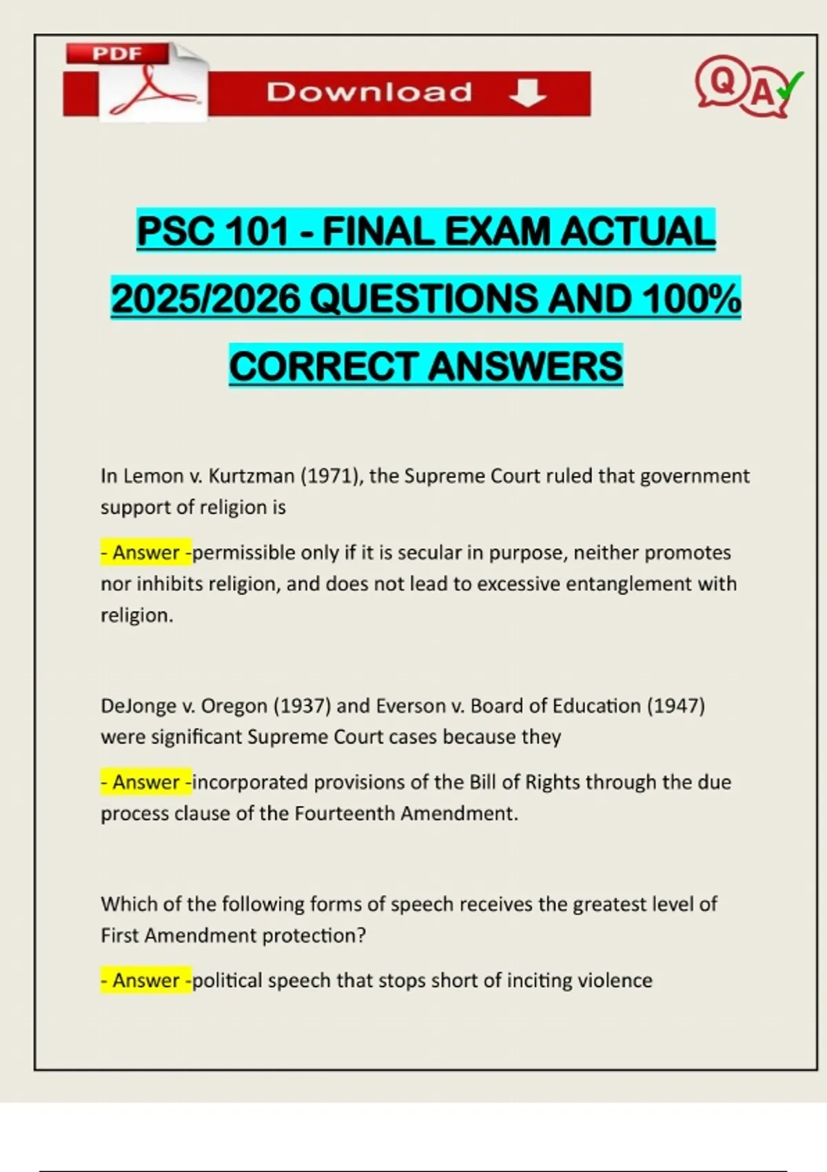 PSC 101 - FINAL EXAM ACTUAL 2025/2026 QUESTIONS AND 100% CORRECT ...