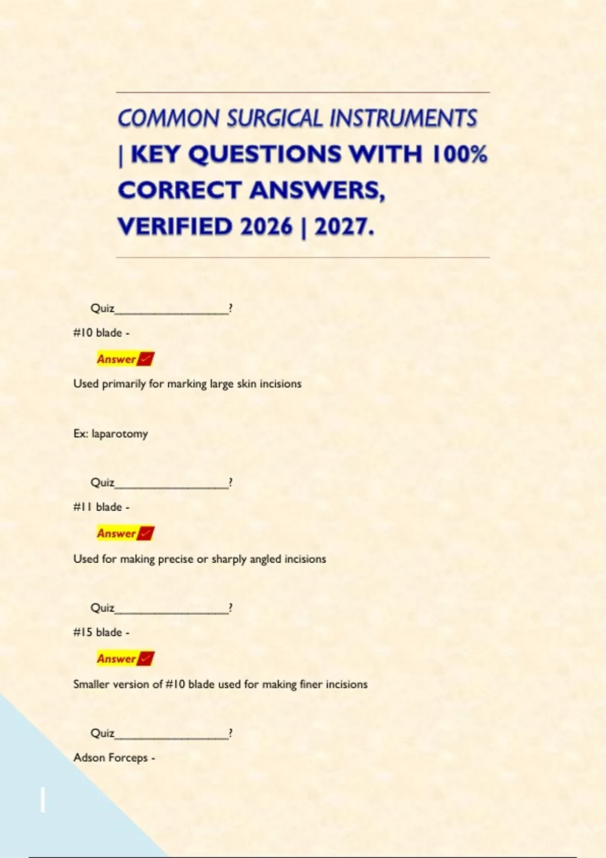 COMMON SURGICAL INSTRUMENTS | KEY QUESTIONS WITH 100% CORRECT ANSWERS ...