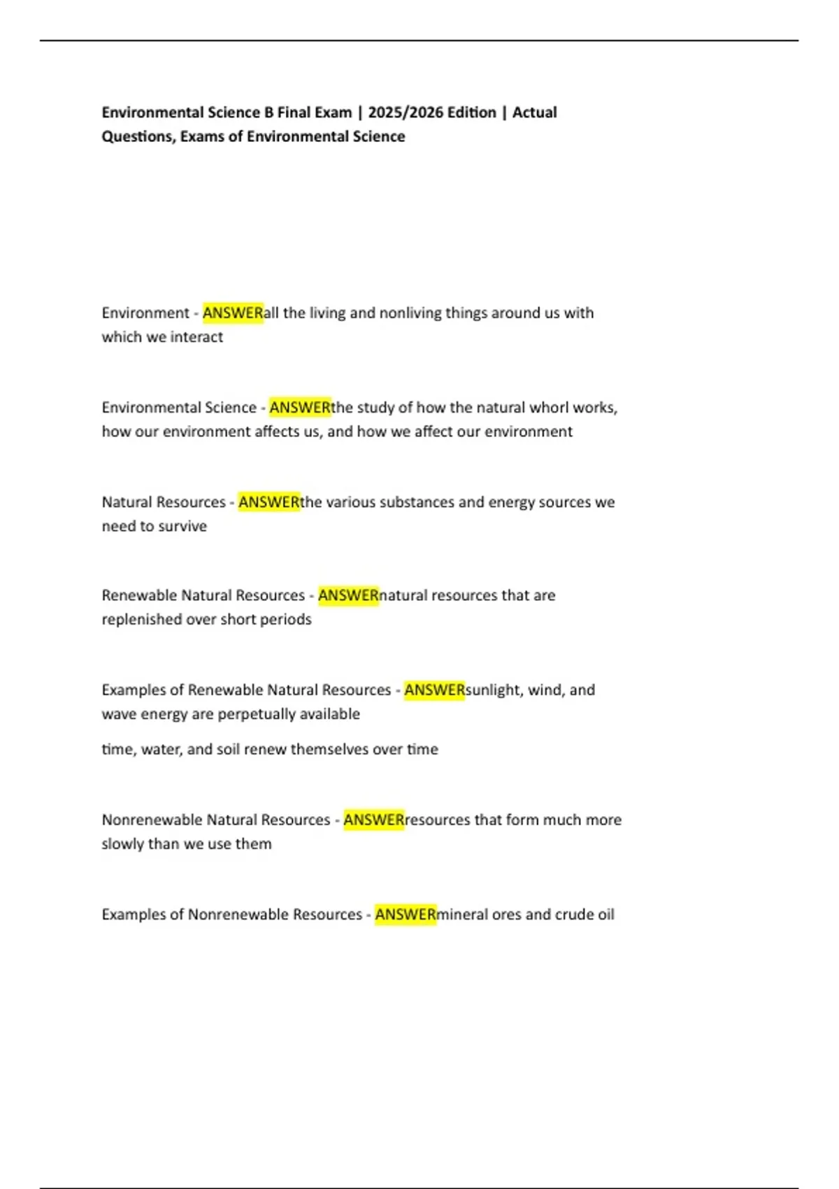 Environmental Science B Final Exam | 2025/2026 Edition | Actual ...