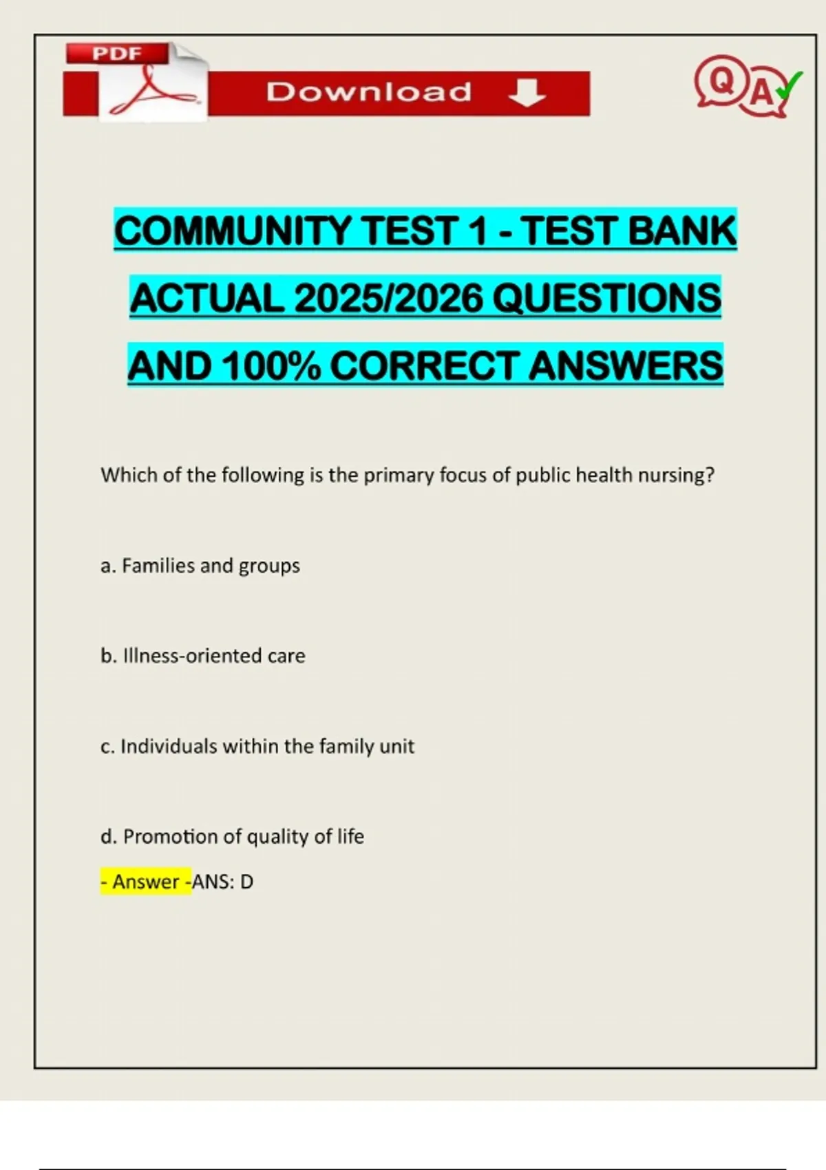 COMMUNITY TEST 1 - TEST BANK ACTUAL 2025/2026 QUESTIONS AND 100% ...