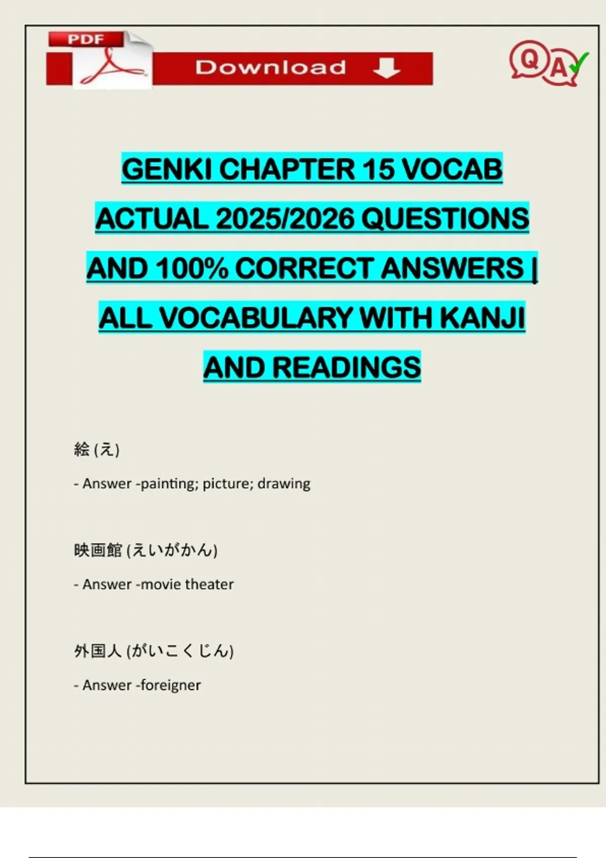 GENKI CHAPTER 15 VOCAB ACTUAL 2025/2026 QUESTIONS AND 100% CORRECT ...