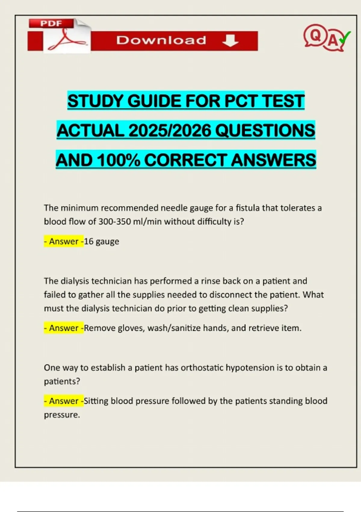 STUDY GUIDE FOR PCT TEST ACTUAL 2025/2026 QUESTIONS AND 100% CORRECT ...