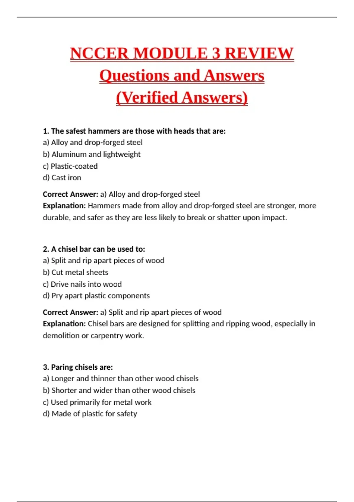 NCCER MODULE 3 REVIEW EXAM Latest 2025 Actual Questions and Verified ...